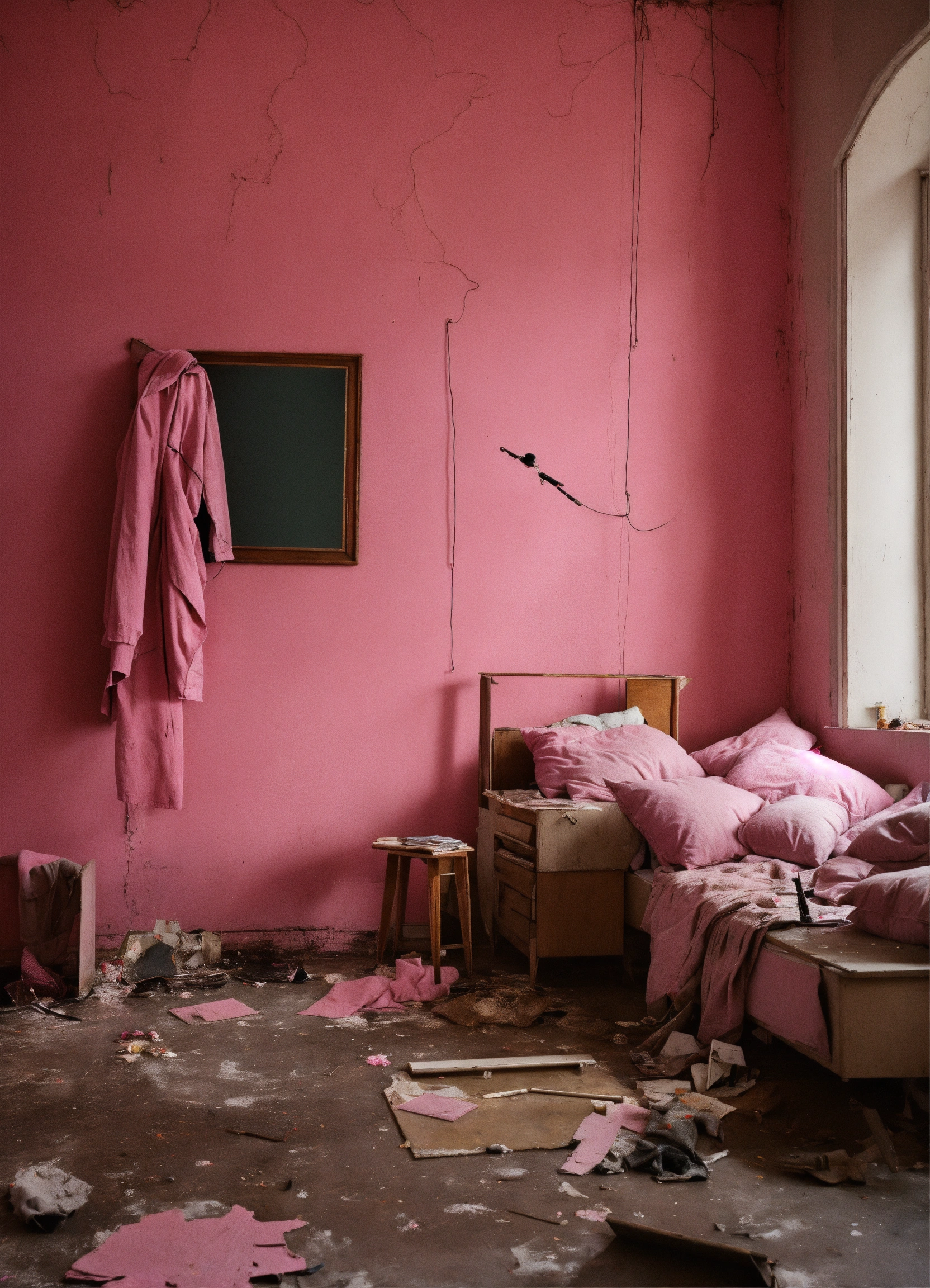 Lexica - Pink dirty room with broken minimalist furniture