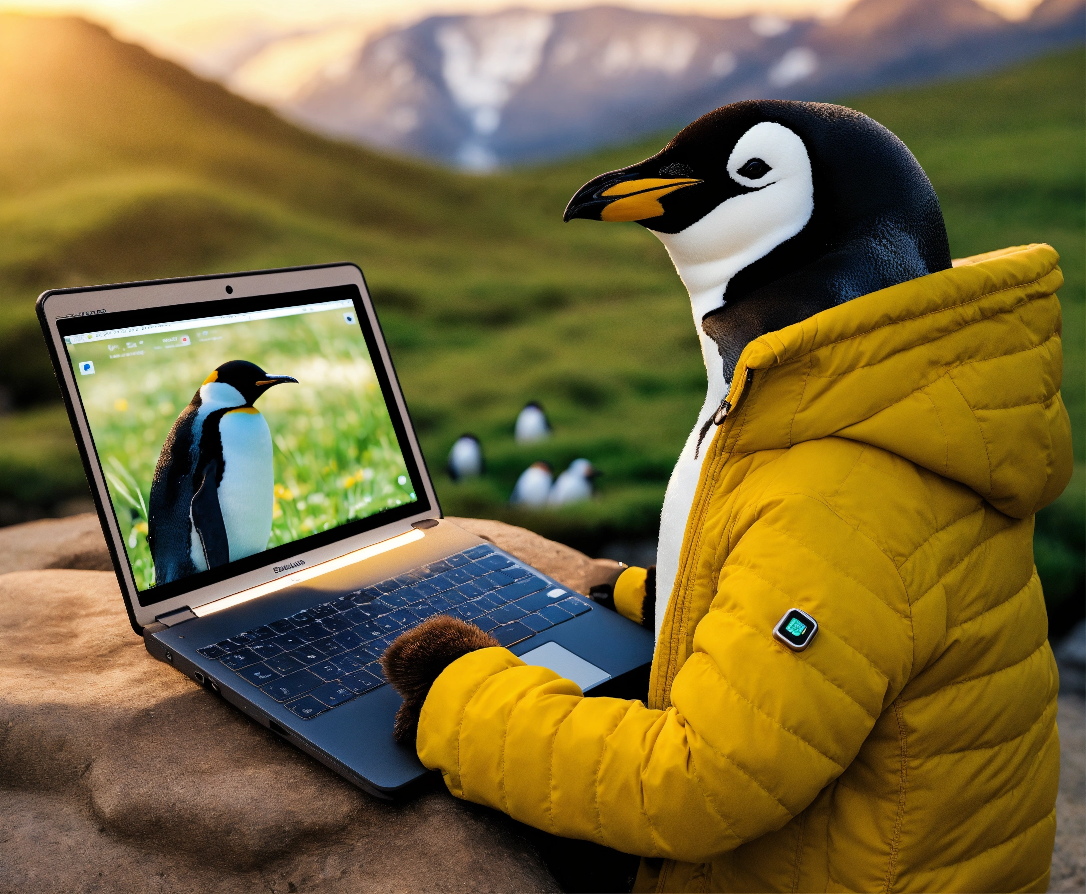 Lexica - Please picture penguins with a smart watch typing on a laptop in a lifelike fashion ...