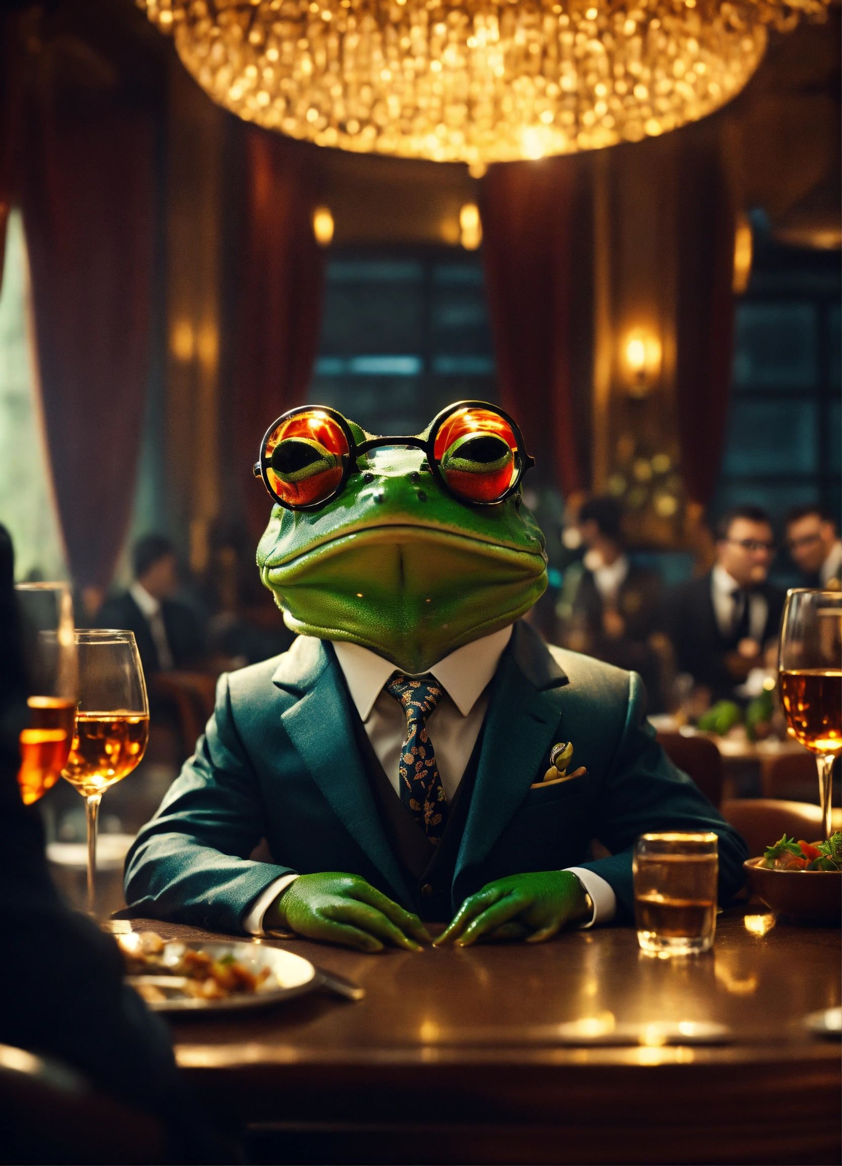 Lexica - Cute frog in suit and glasses in in rich colour restaurant ...