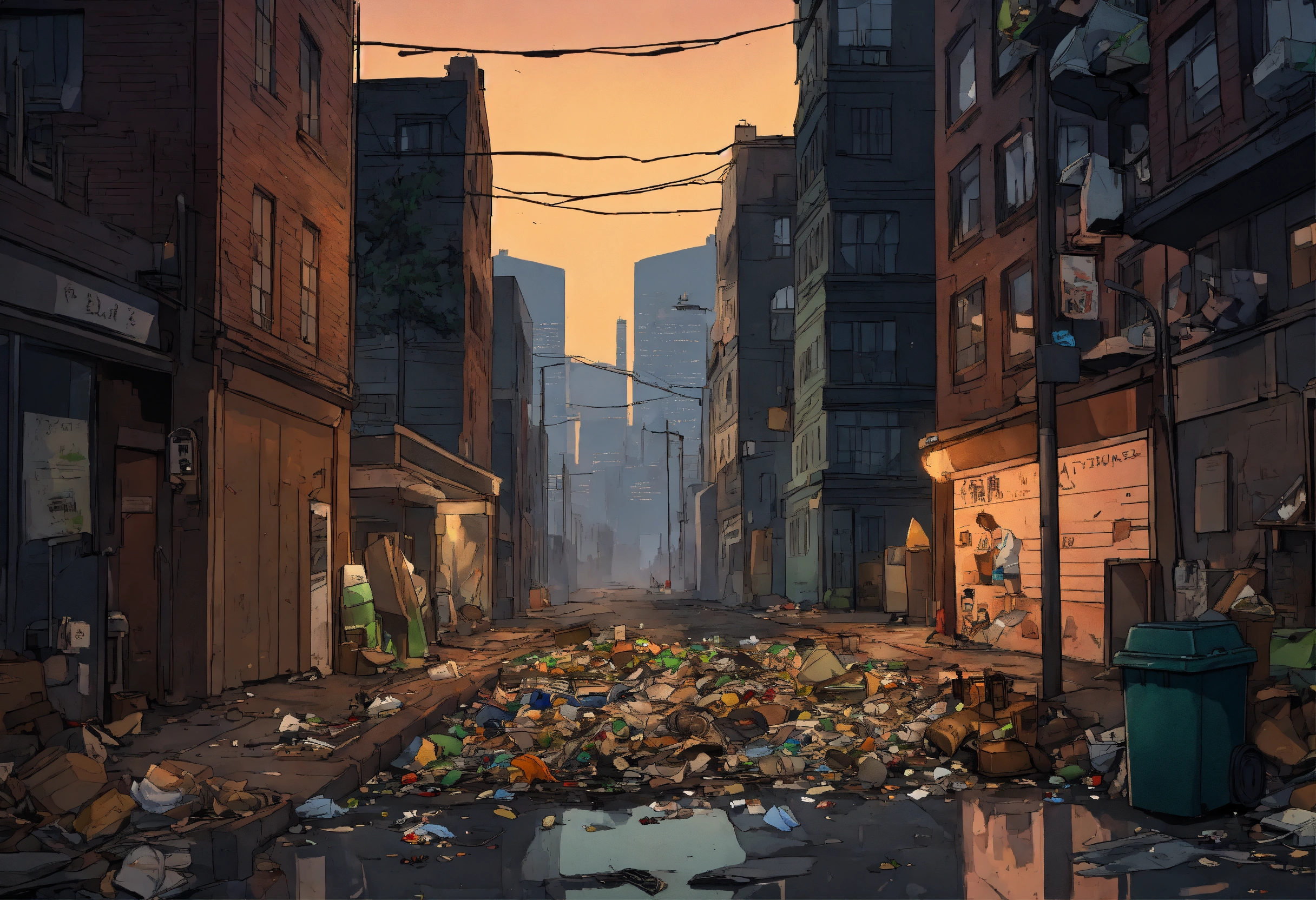 Lexica - A dark and gritty cityscape, filled with garbage and litter ...