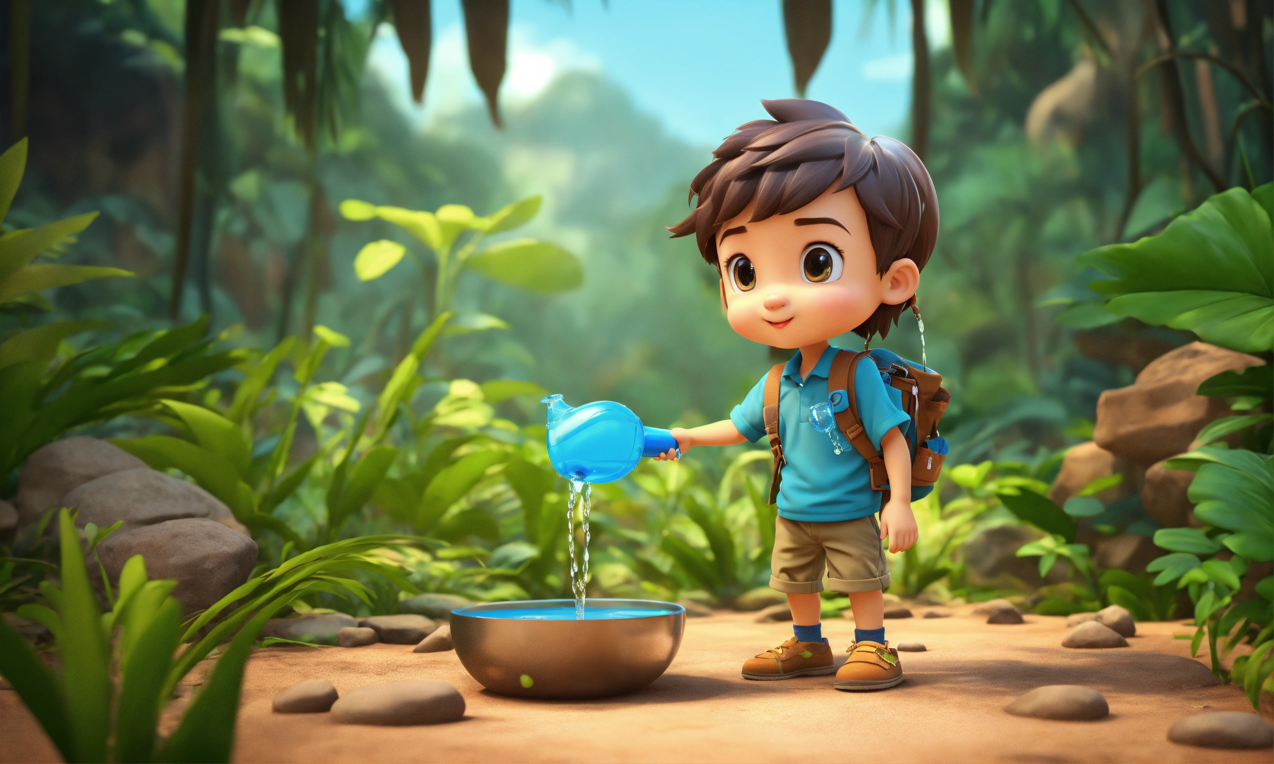Lexica - Cartoon cute 3d style boy want water in jungle