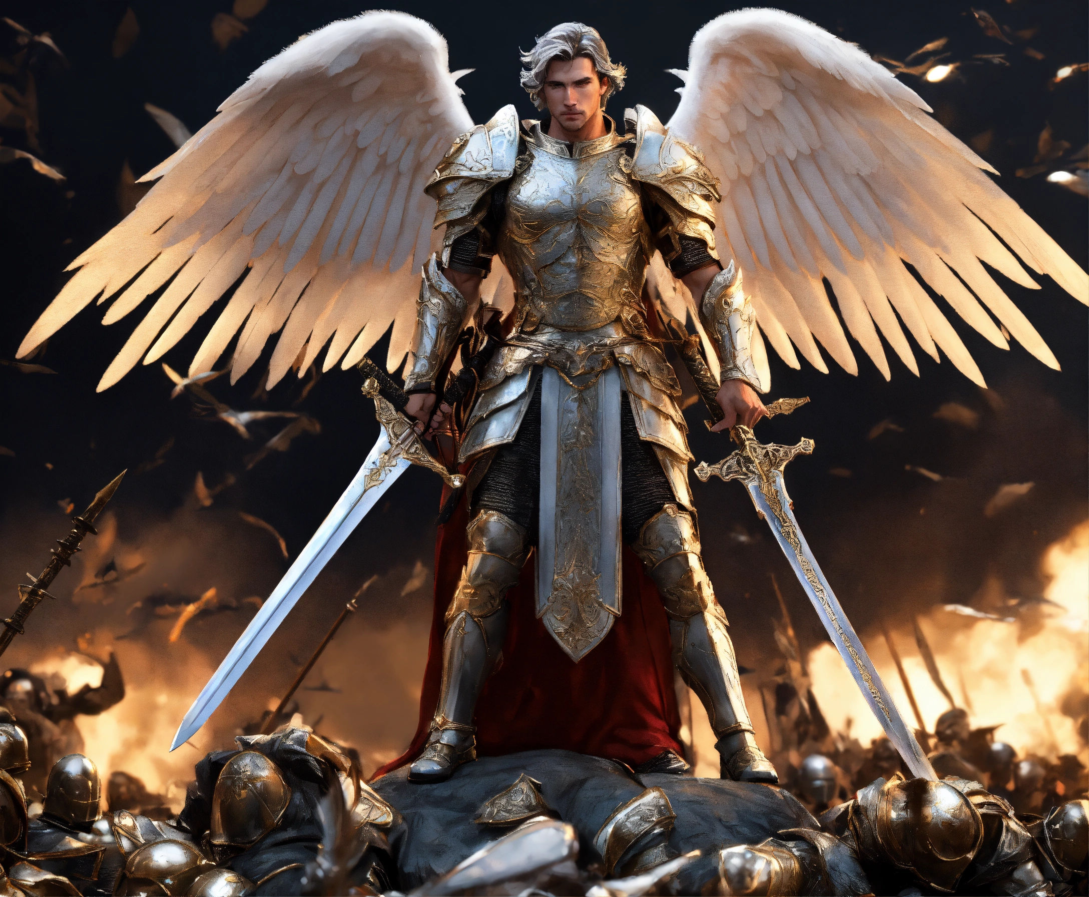 Lexica - A strong white man angel with long and short swords standing ...