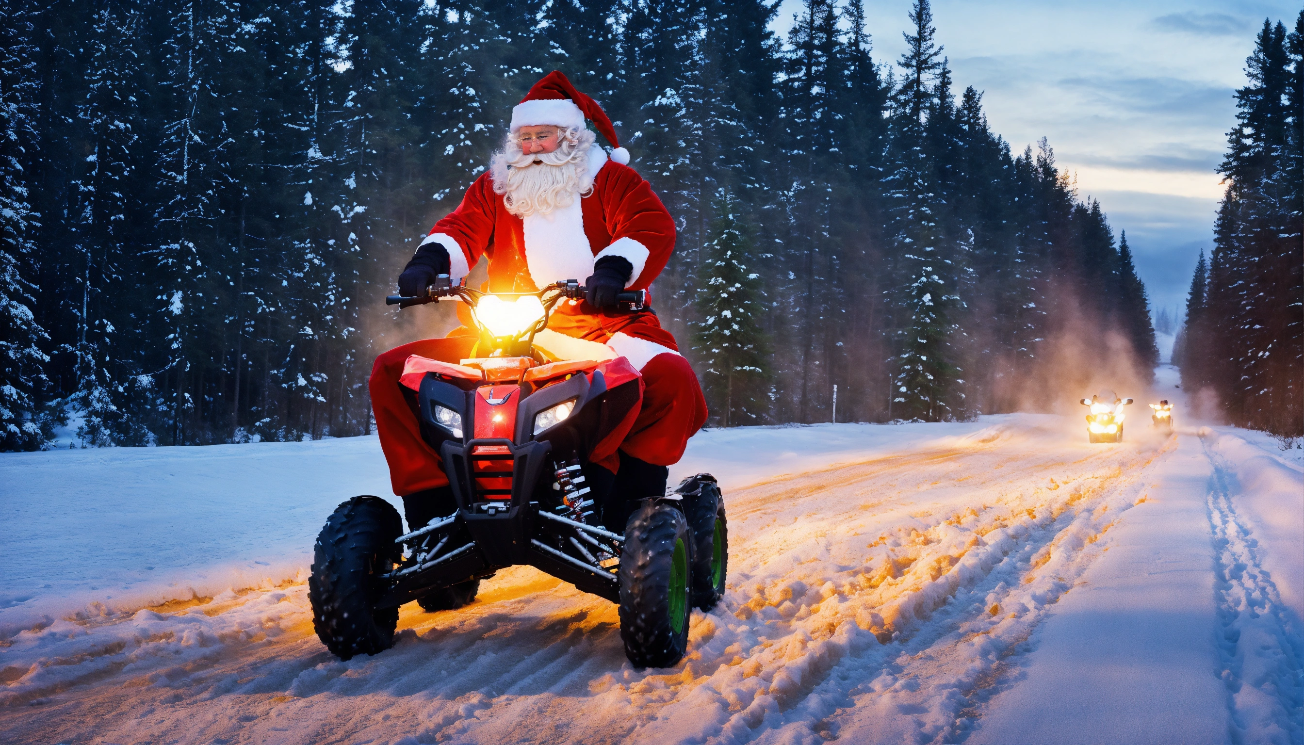 Lexica - Santa Claus with big sack bag rides along a snowy road on an ...