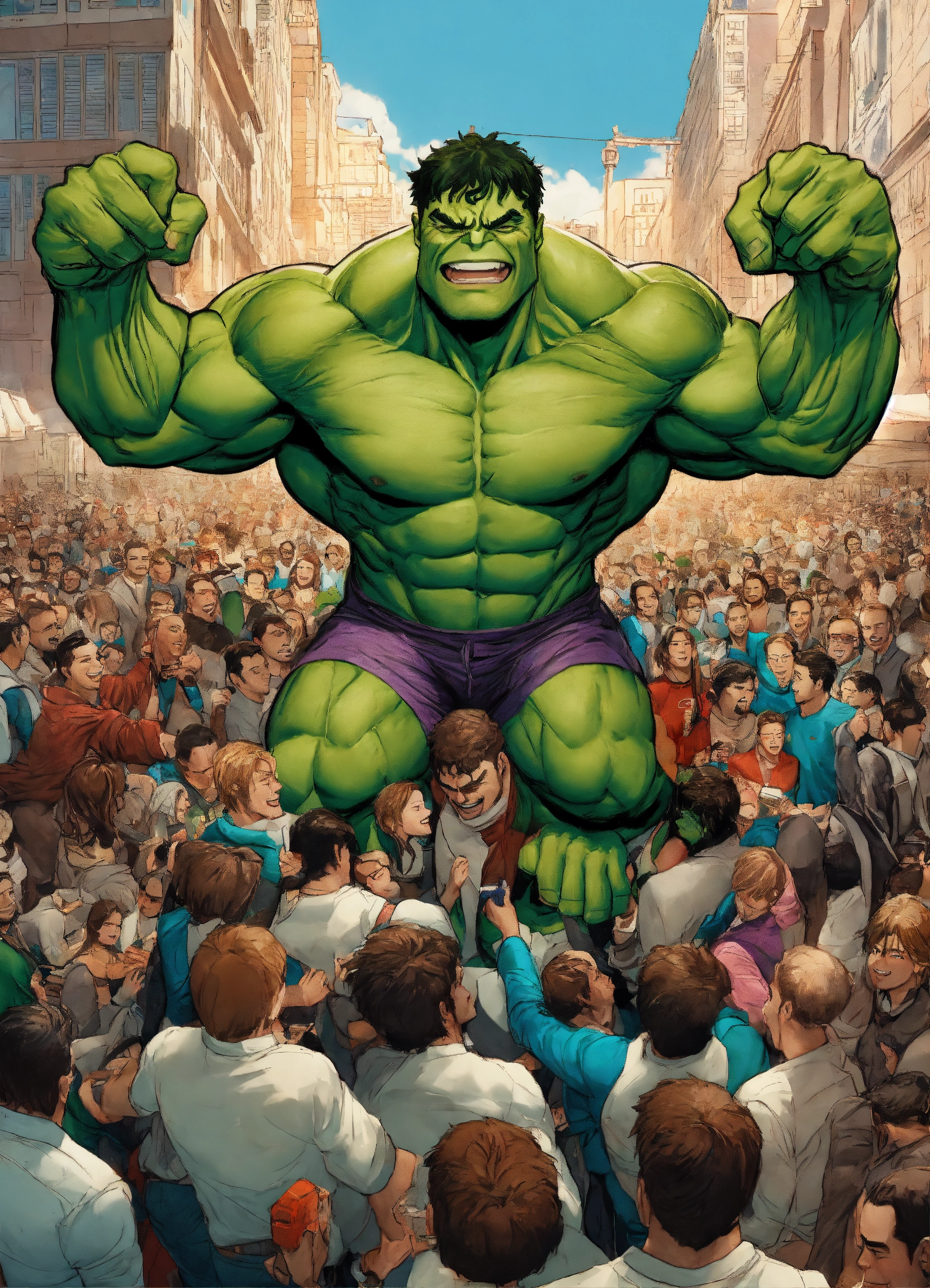 Lexica - Hulk is surrounded by many people and praises him, a smile on ...