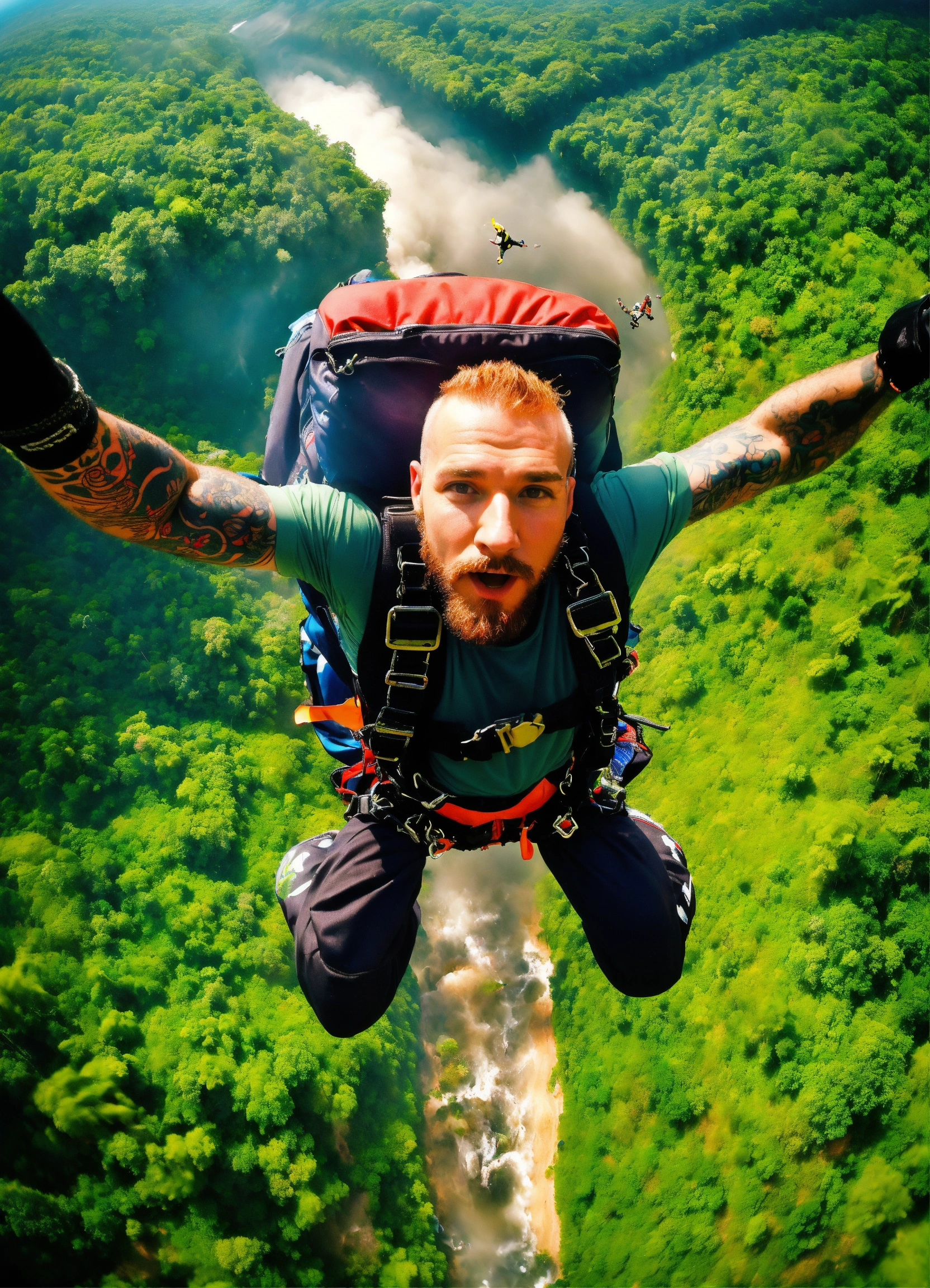 Lexica - Tattoed man with punk style doing skydiving from a exploded ...