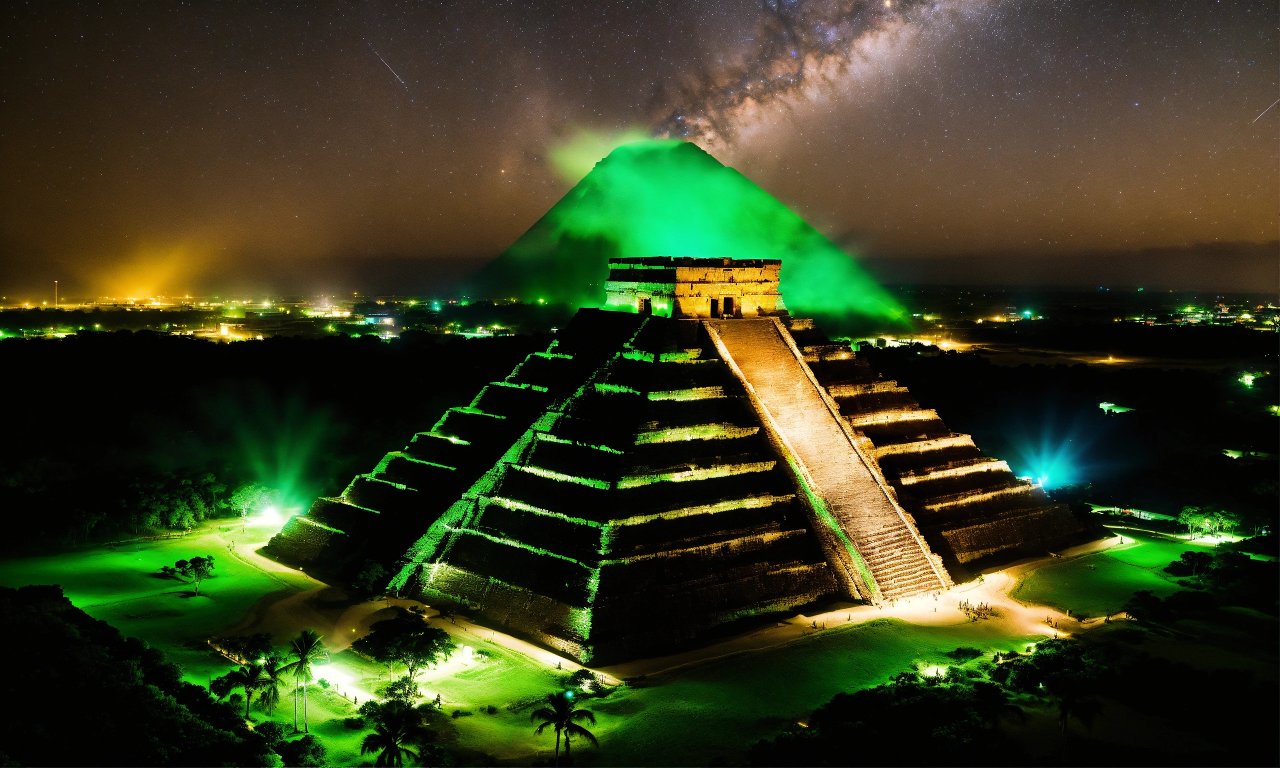 Lexica - Aerial view of three Mayan pyramids emitting a beam of green ...