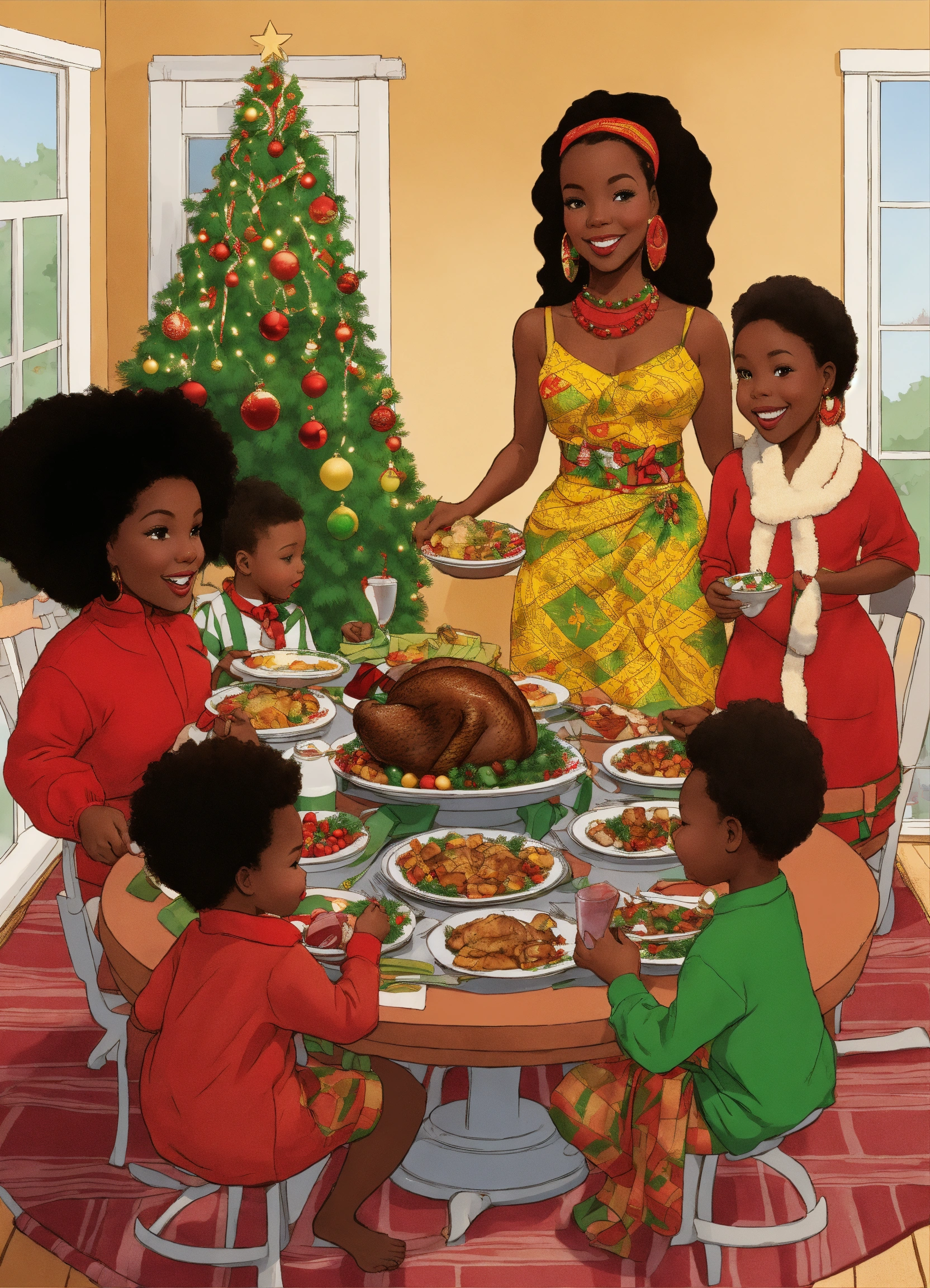 Lexica - Cartoon of black family dressed in Ashanti clothes, eating at ...
