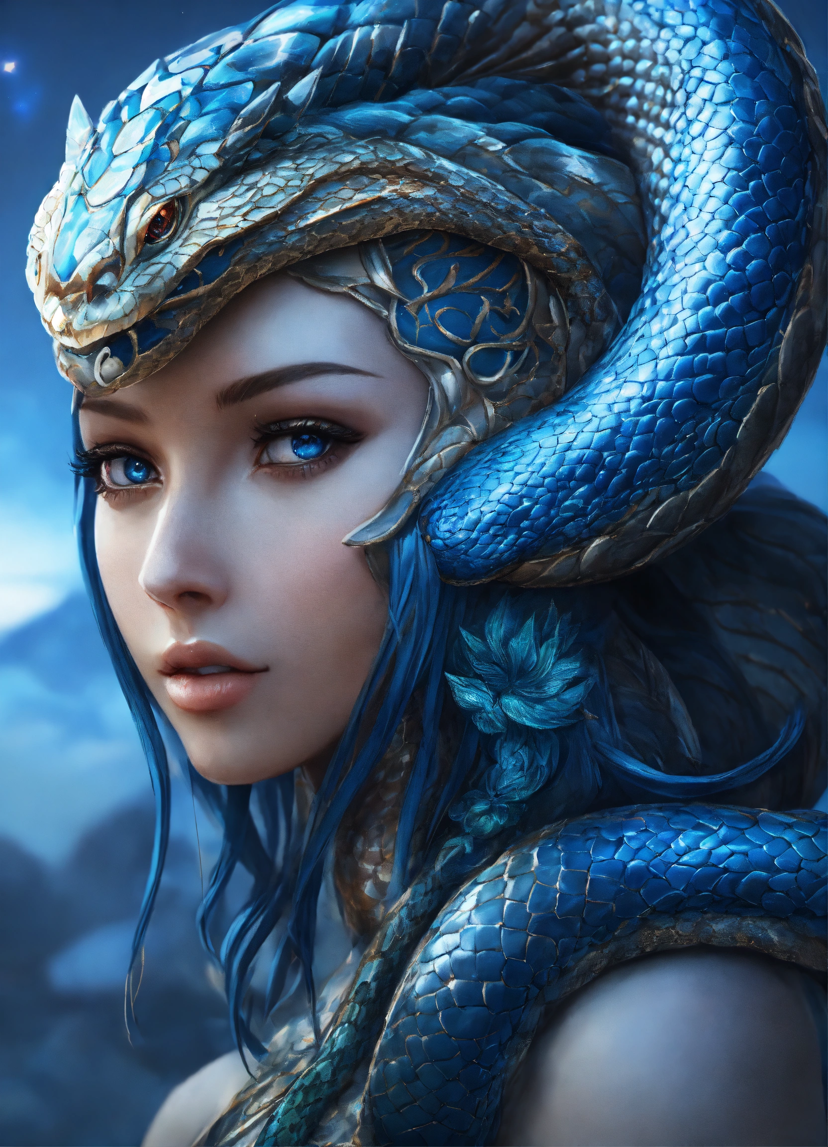 Lexica - A cute serpent in blue and silver, dazzling eyes. third eye on ...