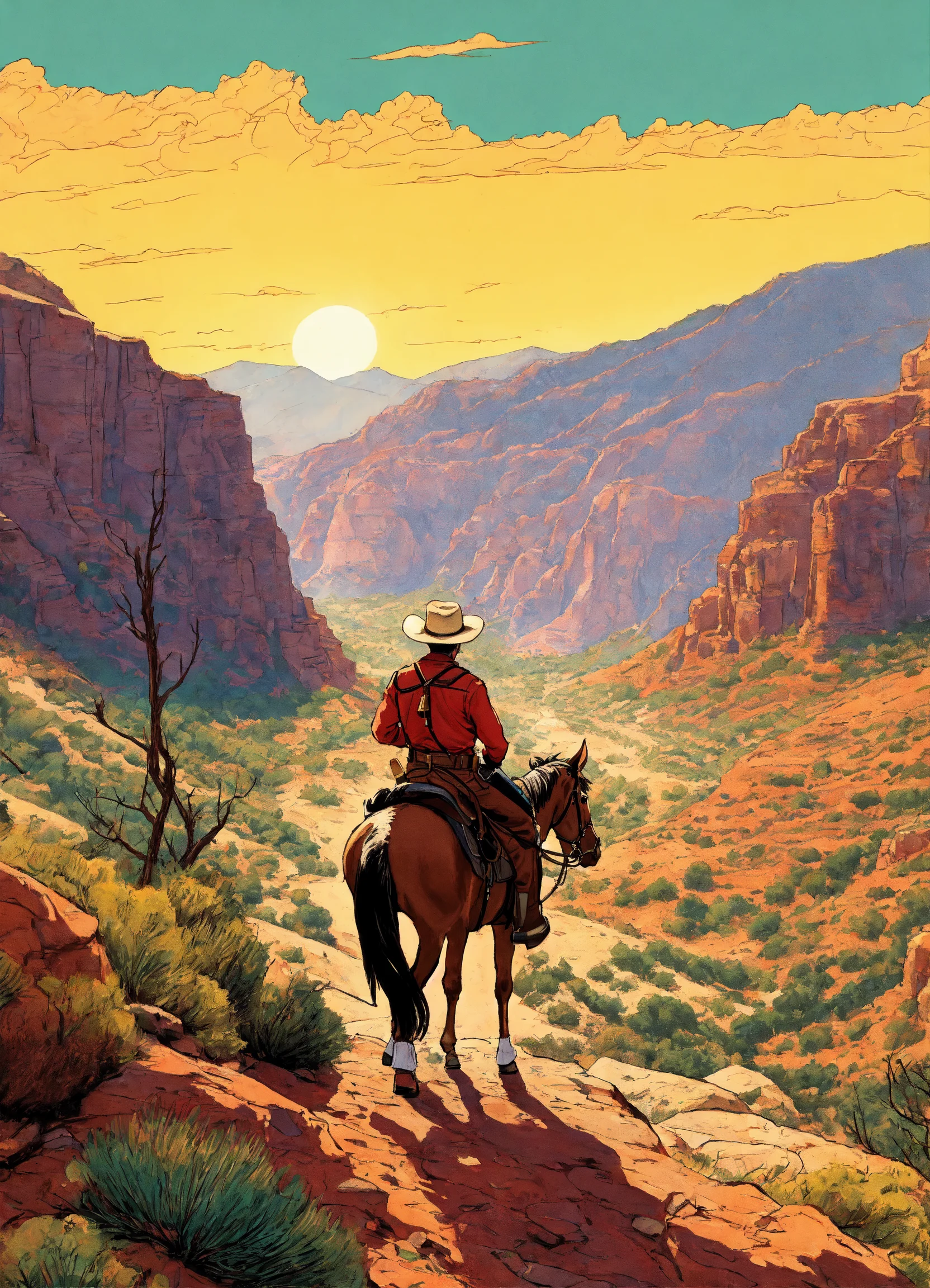 Lexica - Detailed, vibrant illustration of a cowboy in the copper ...