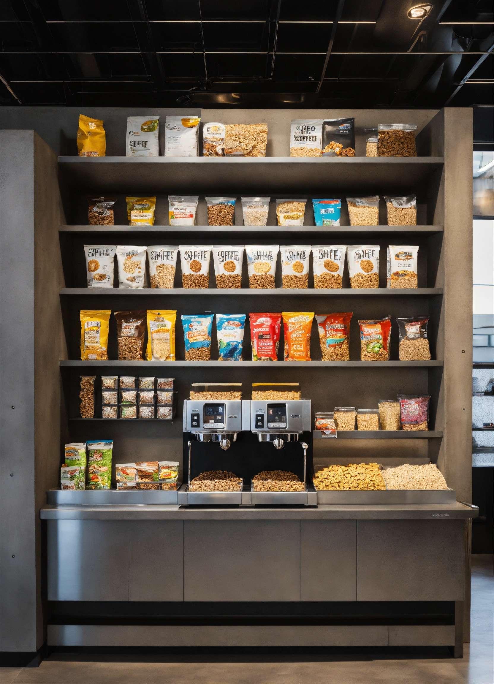Lexica - A self serve breakroom cereal shelf with snacks on an easy to reach shelf for employees ...