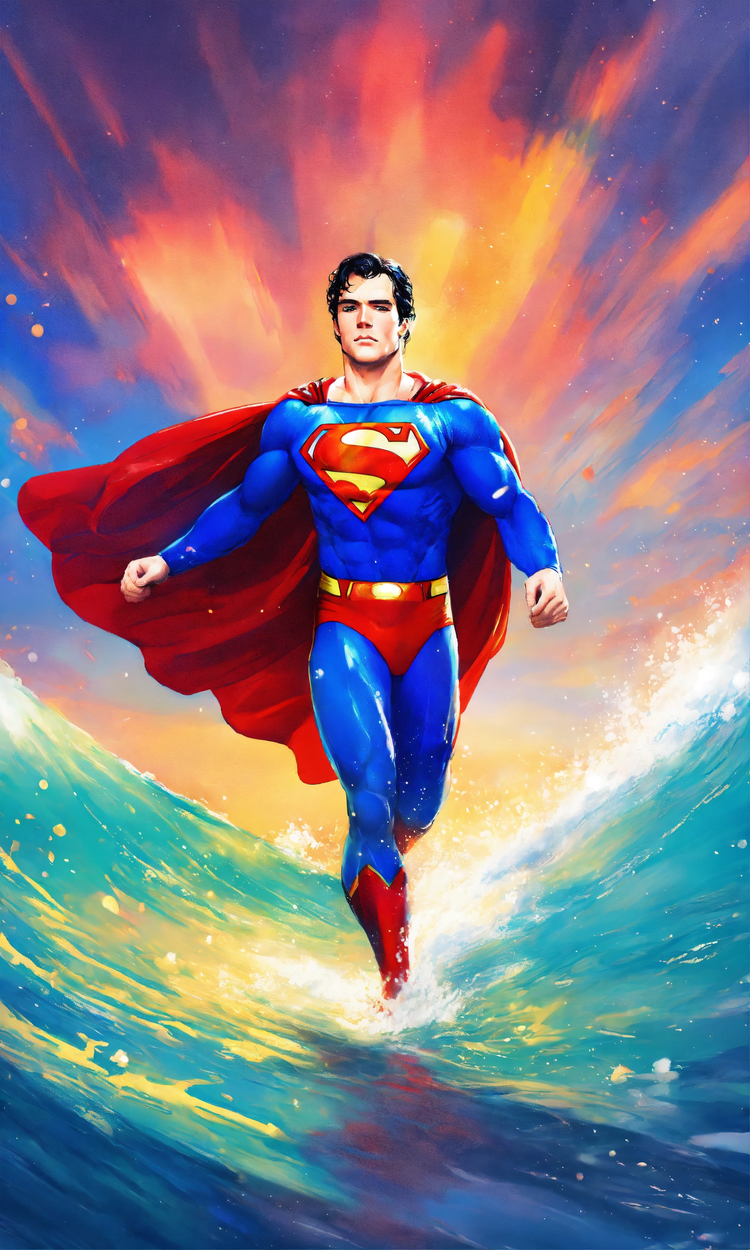 Lexica - Henry Cavill Superman swimming on the sea, colorful background ...