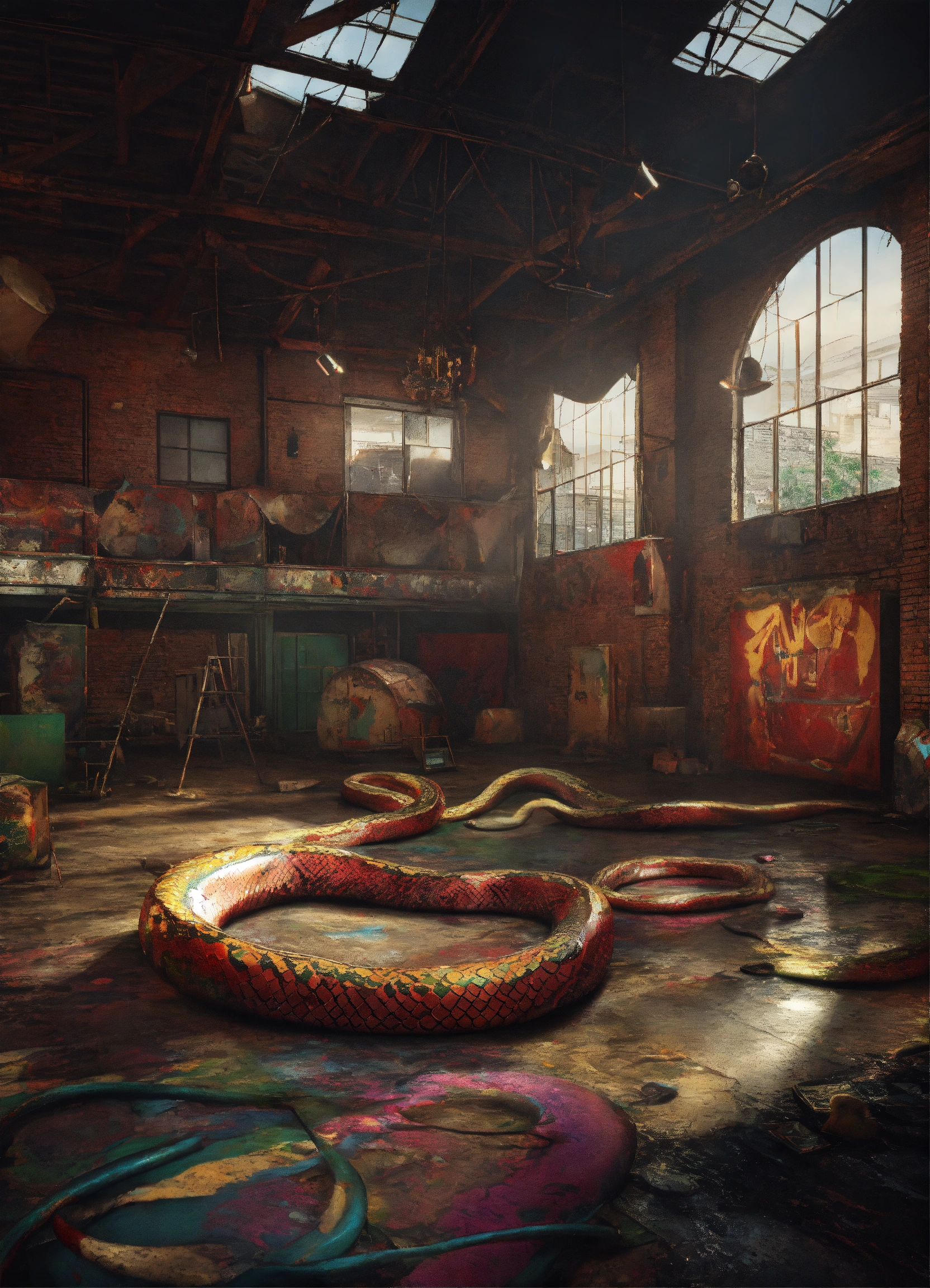 Lexica - An abandoned warehouse circus, snakes on the floor edgy art ...