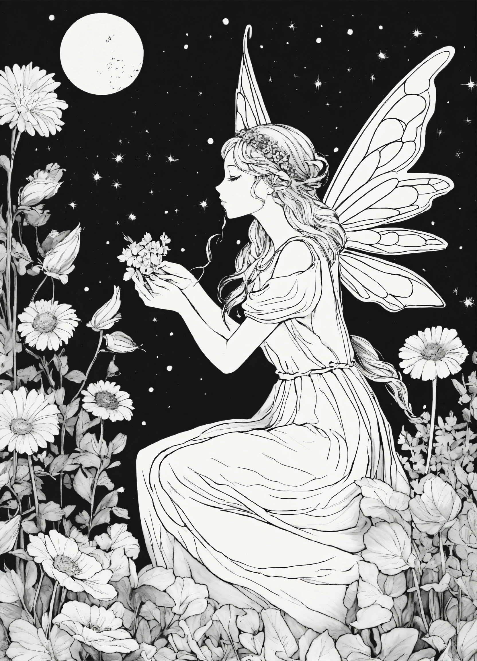 Lexica - A black and white coloring page of a fairy smelling a flower ...