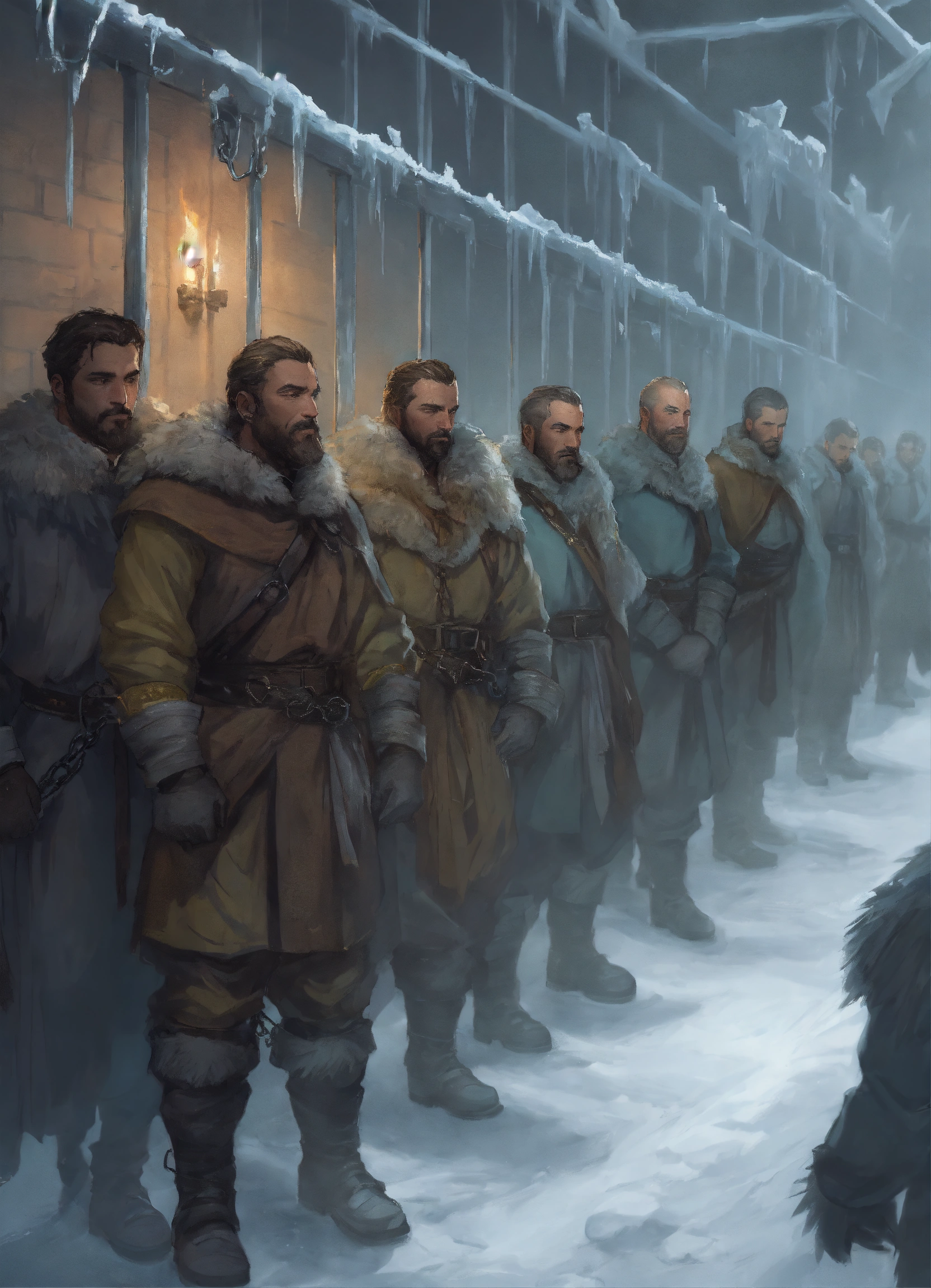 Lexica - Line of male prisoners all chained together in an ice prison ...