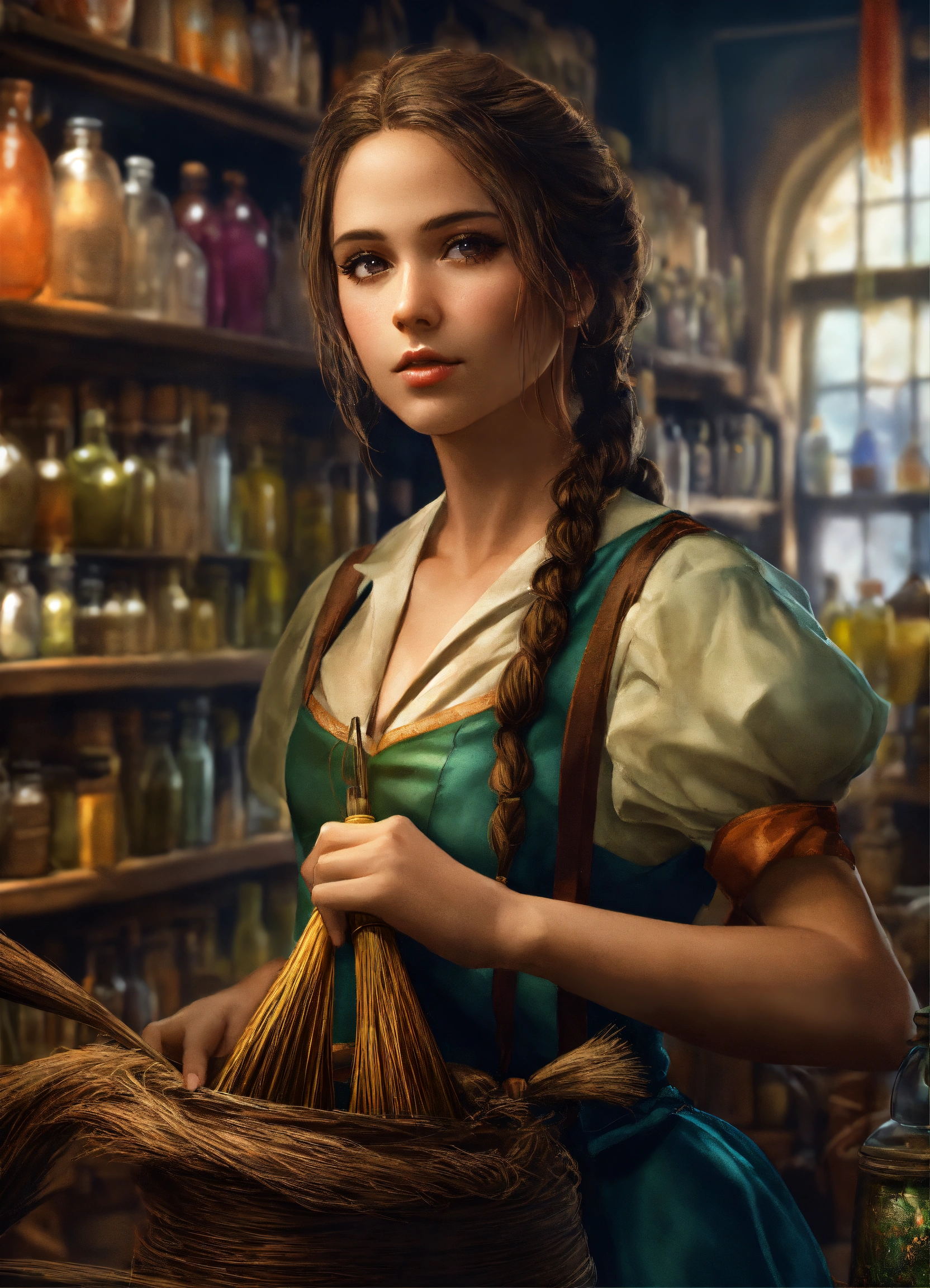 Lexica - Beautiful girl with broom in potions and potions store full ...