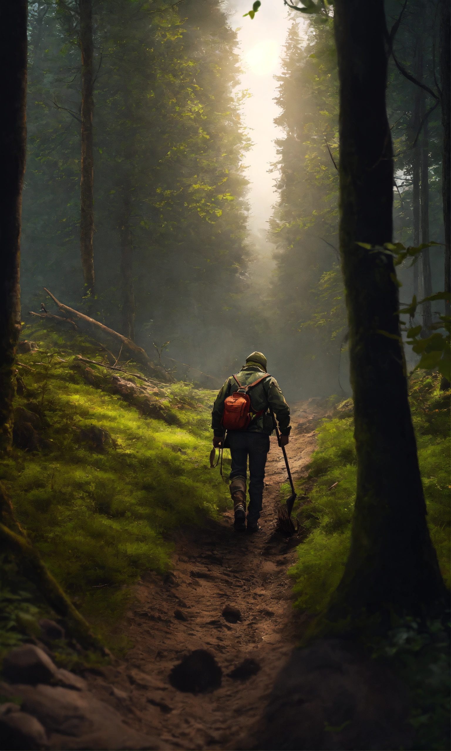 Lexica - A hunter digging a pit on a dirt path in the forest, a little ...