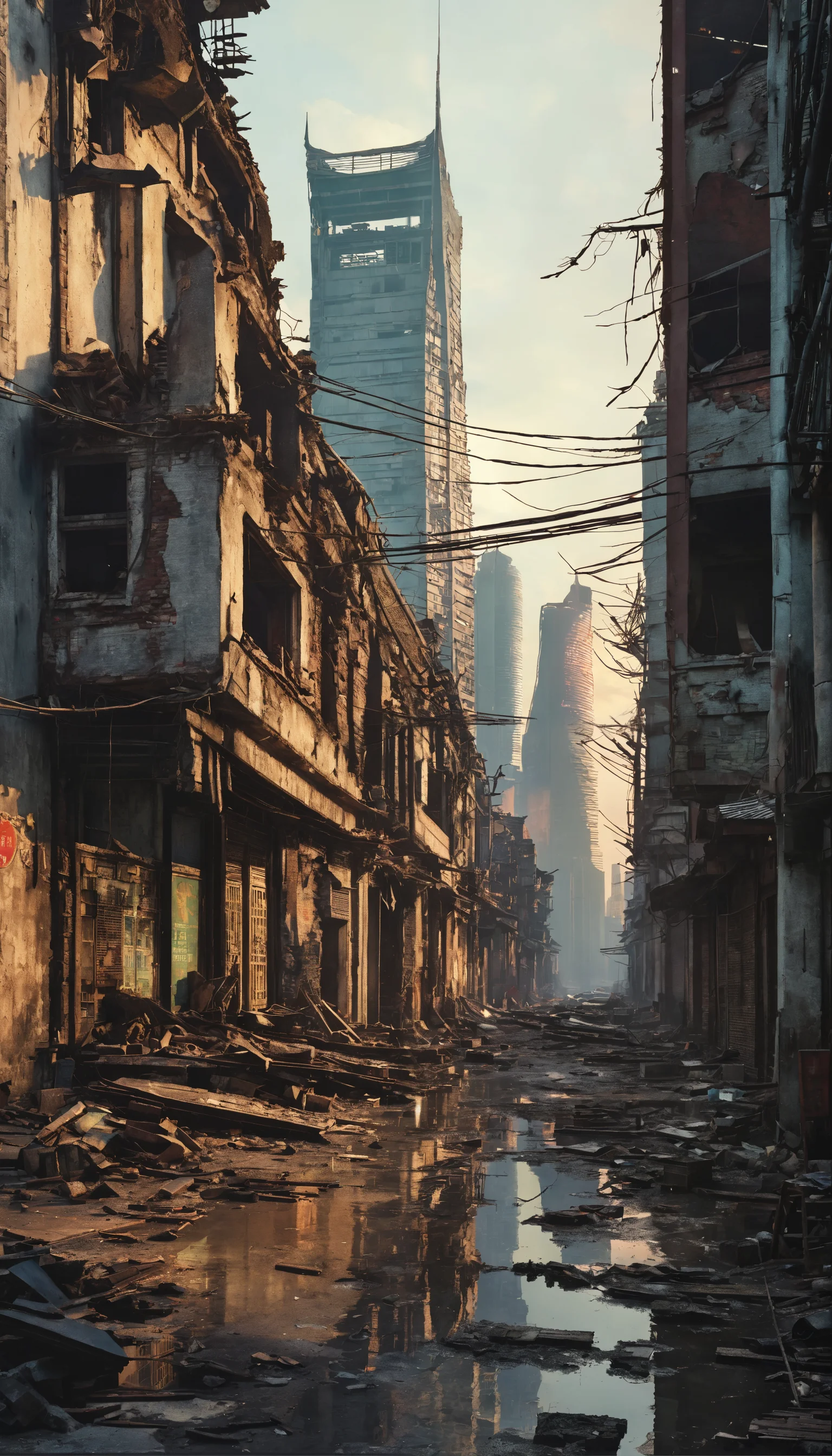 Lexica - Shanghai in ruins, destroyed city, dystopian retro futuristic ...