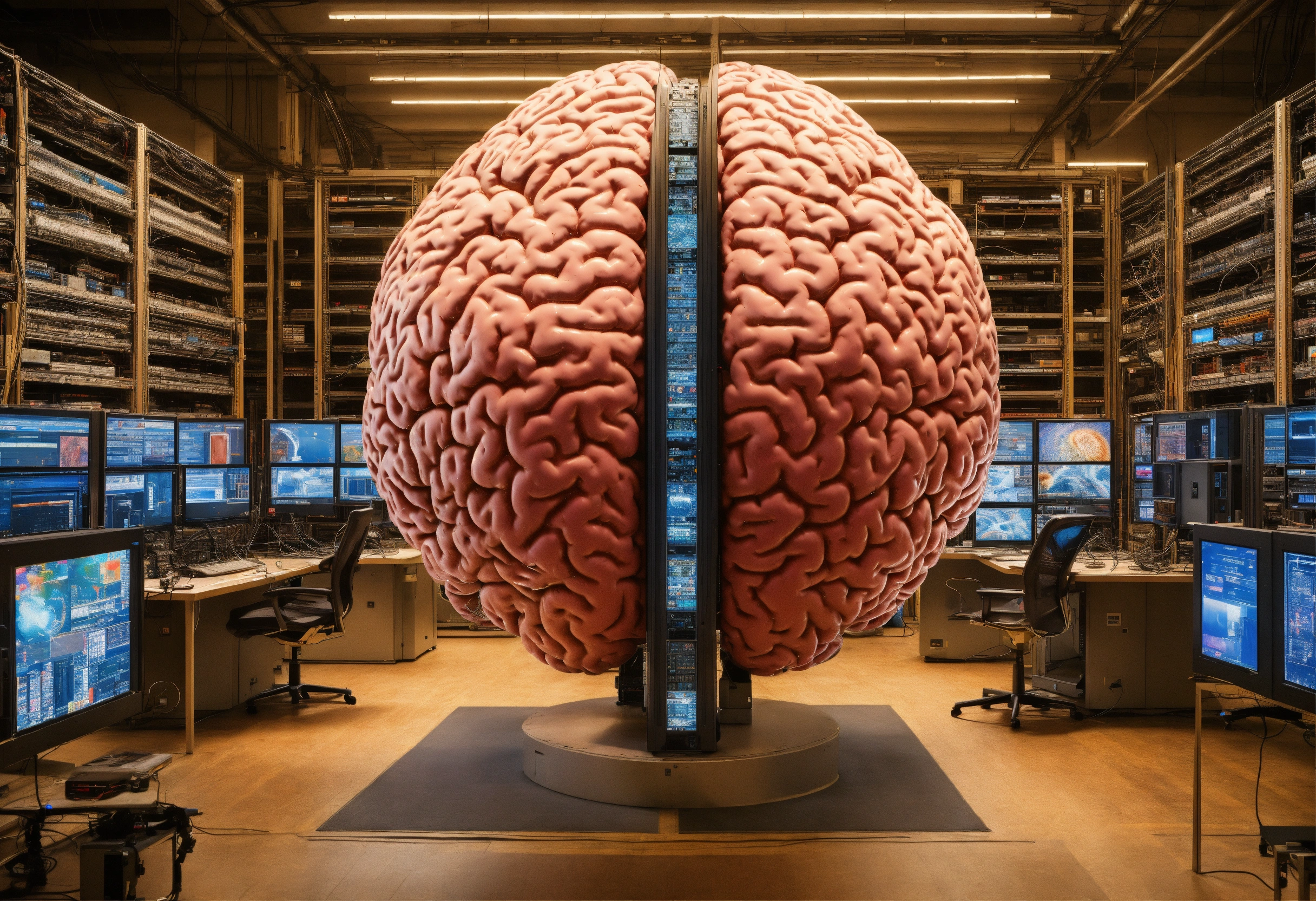 Lexica - In the center of the room, a colossal human brain is ...