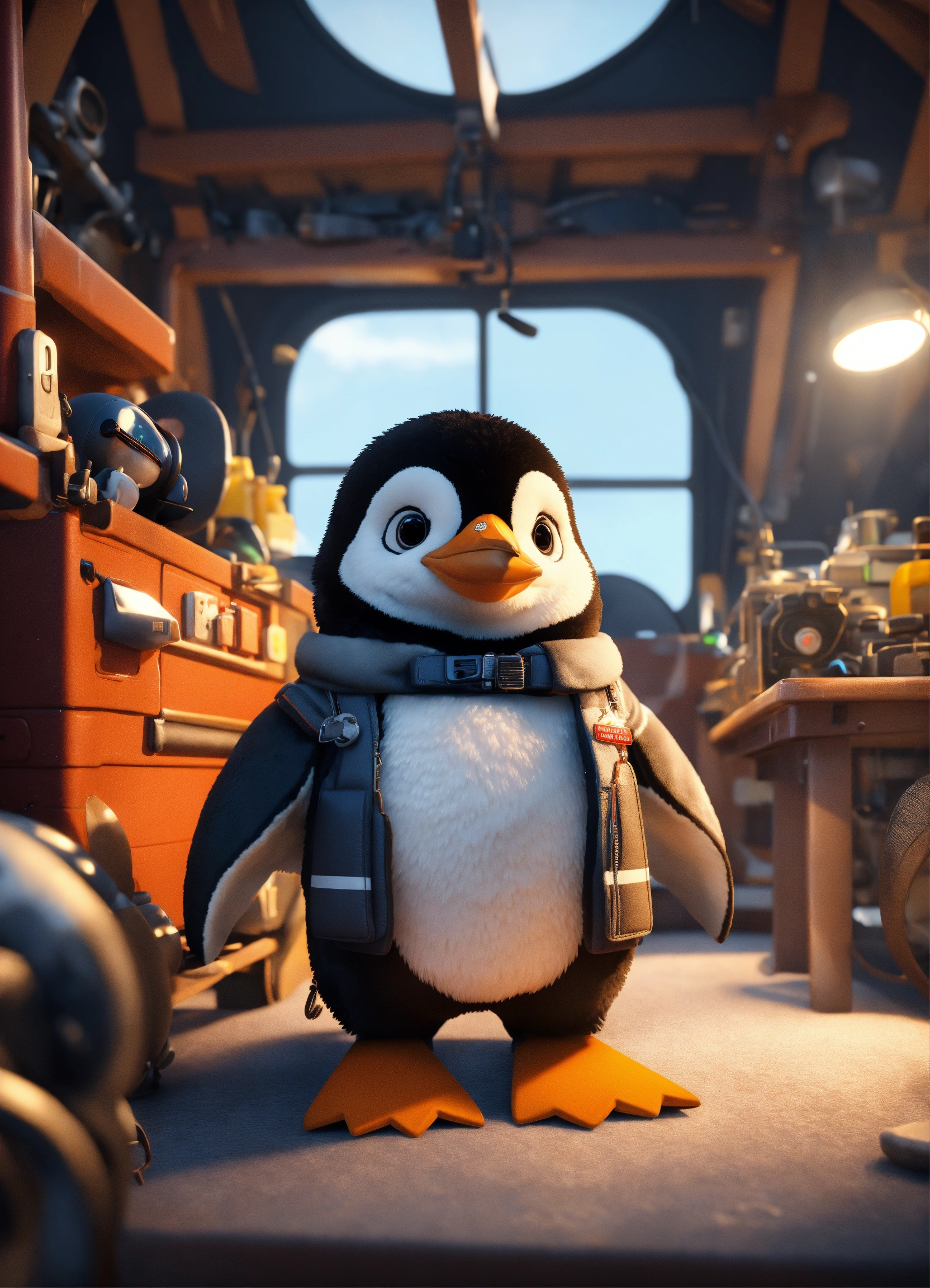 Lexica - A cute fluffy penguin pilot working on a plane in his shed ...