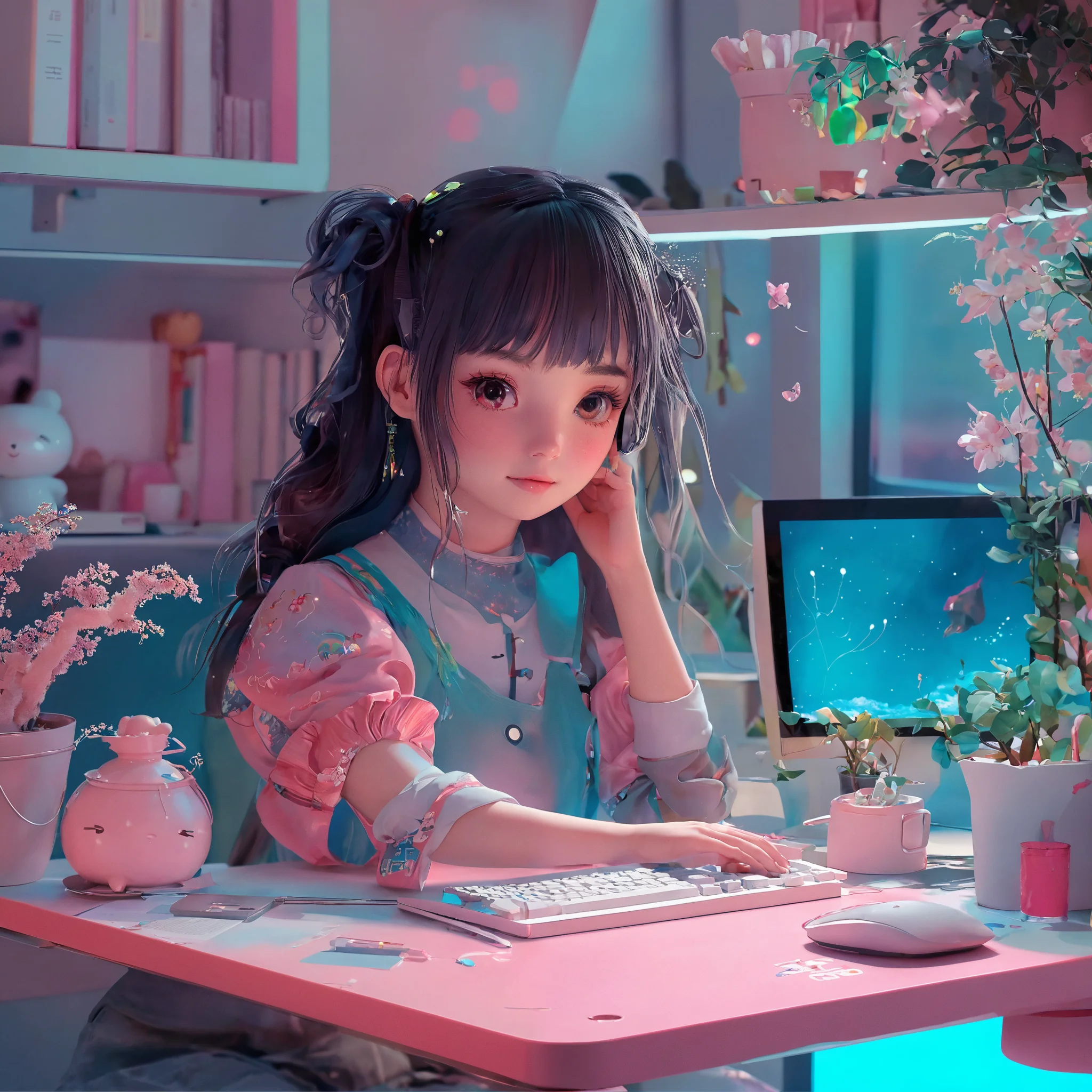 Lexica - Cute style, girl, computer desk, cute look, fantasy color ...