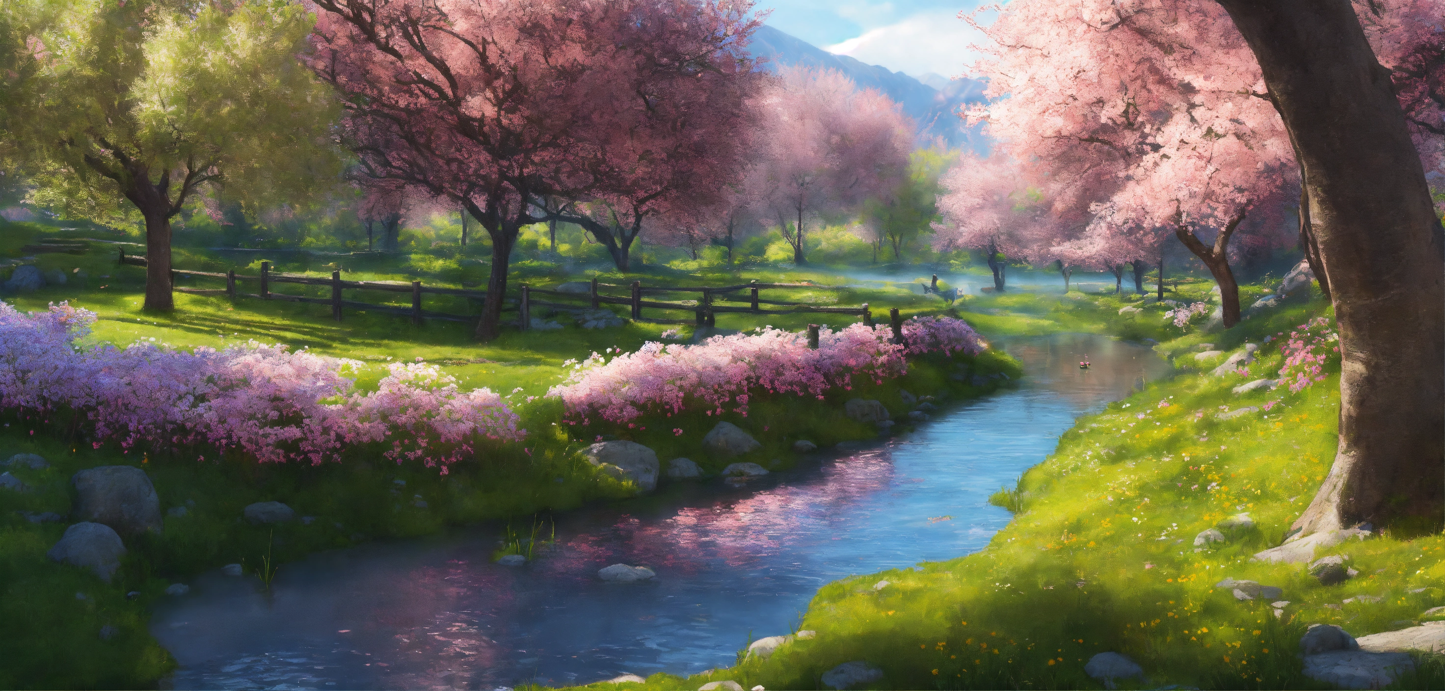 Lexica - A serene and majestic spring landscape with blossoming trees ...