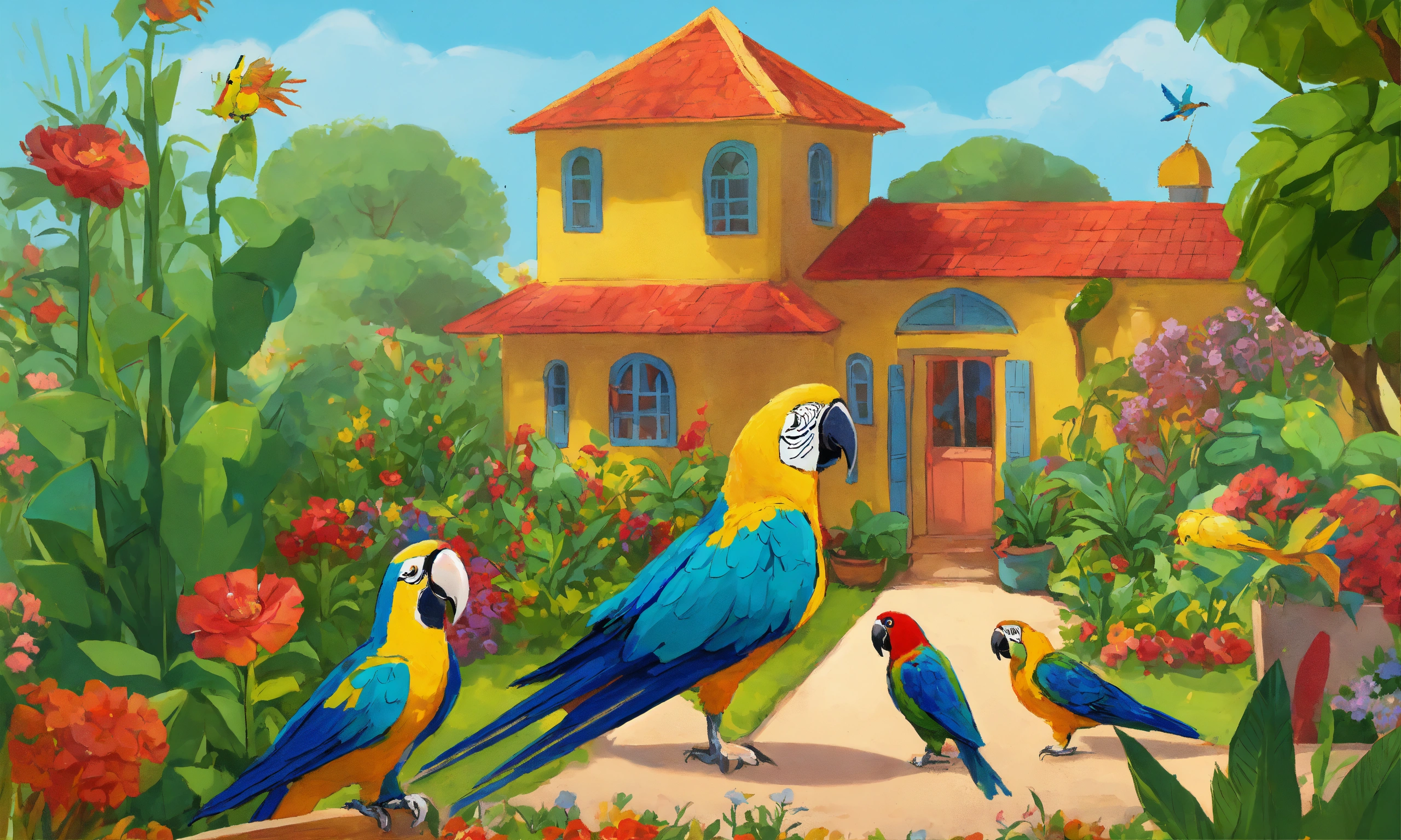 Lexica - Garden with parrots and a gardener, style of Donald Bluth ...