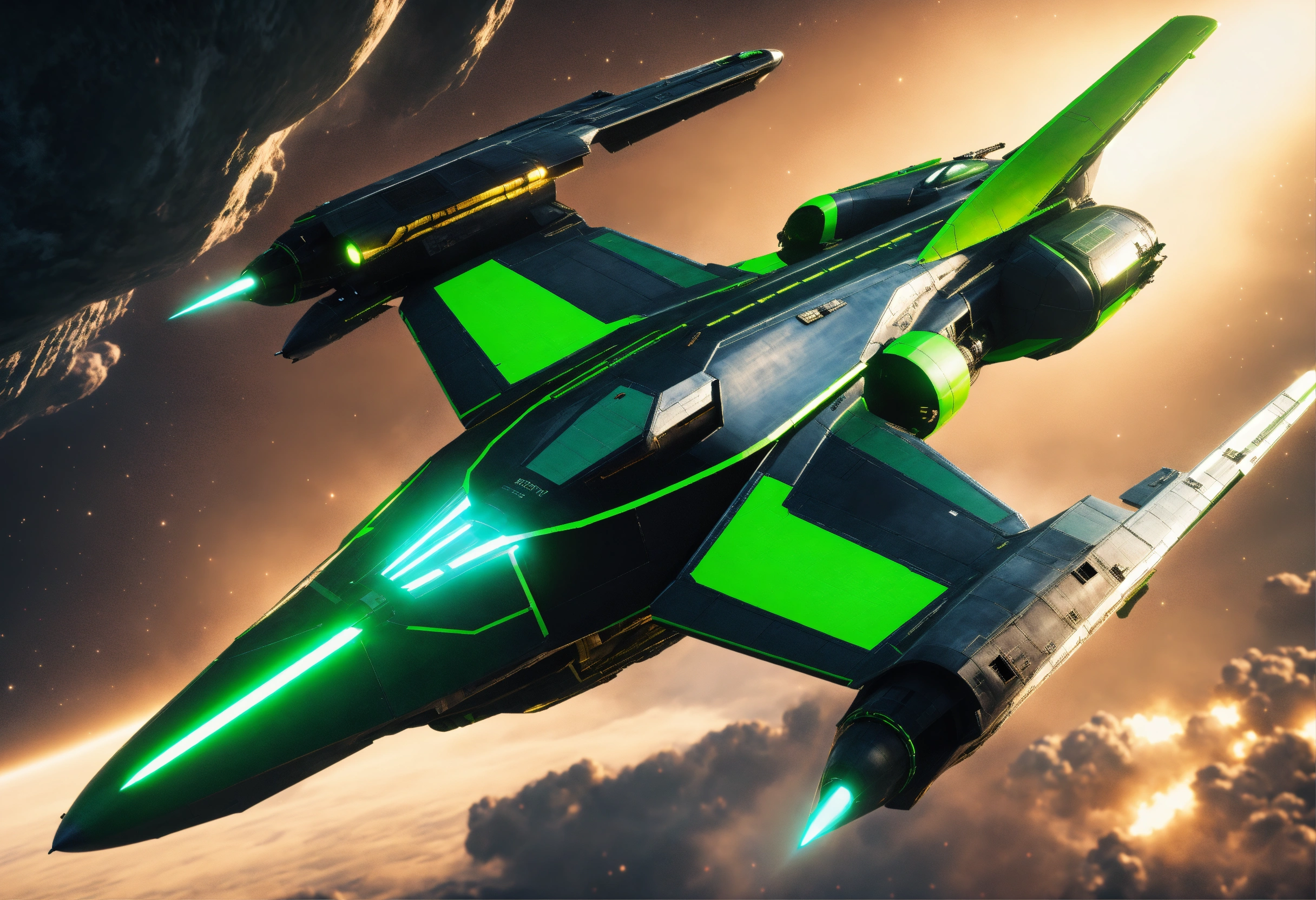Lexica - Sci fi black and green space fighter aircraft, symmetrical, unreal engine