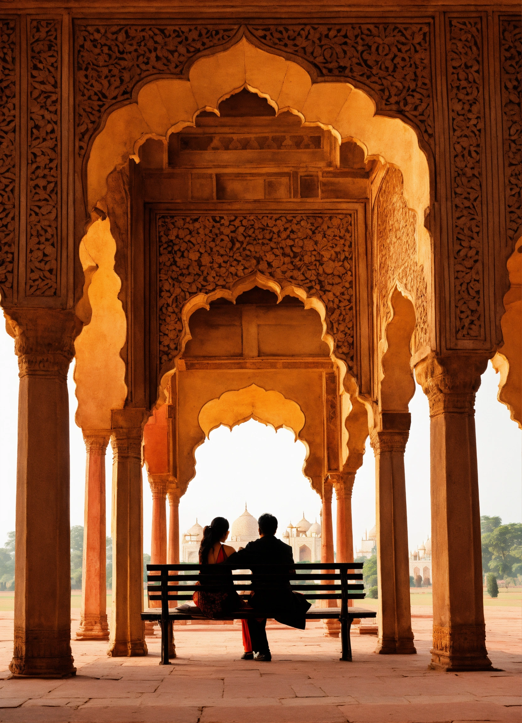 Lexica - Lovers on park bench distance india at taj mahal