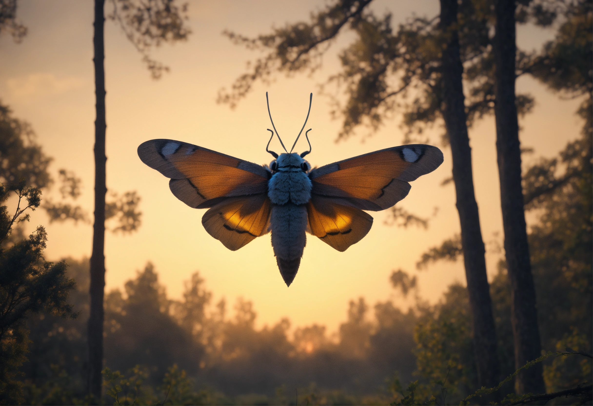 Lexica - Photorealistic humanoid moth-man flying over trees as dusk sets in