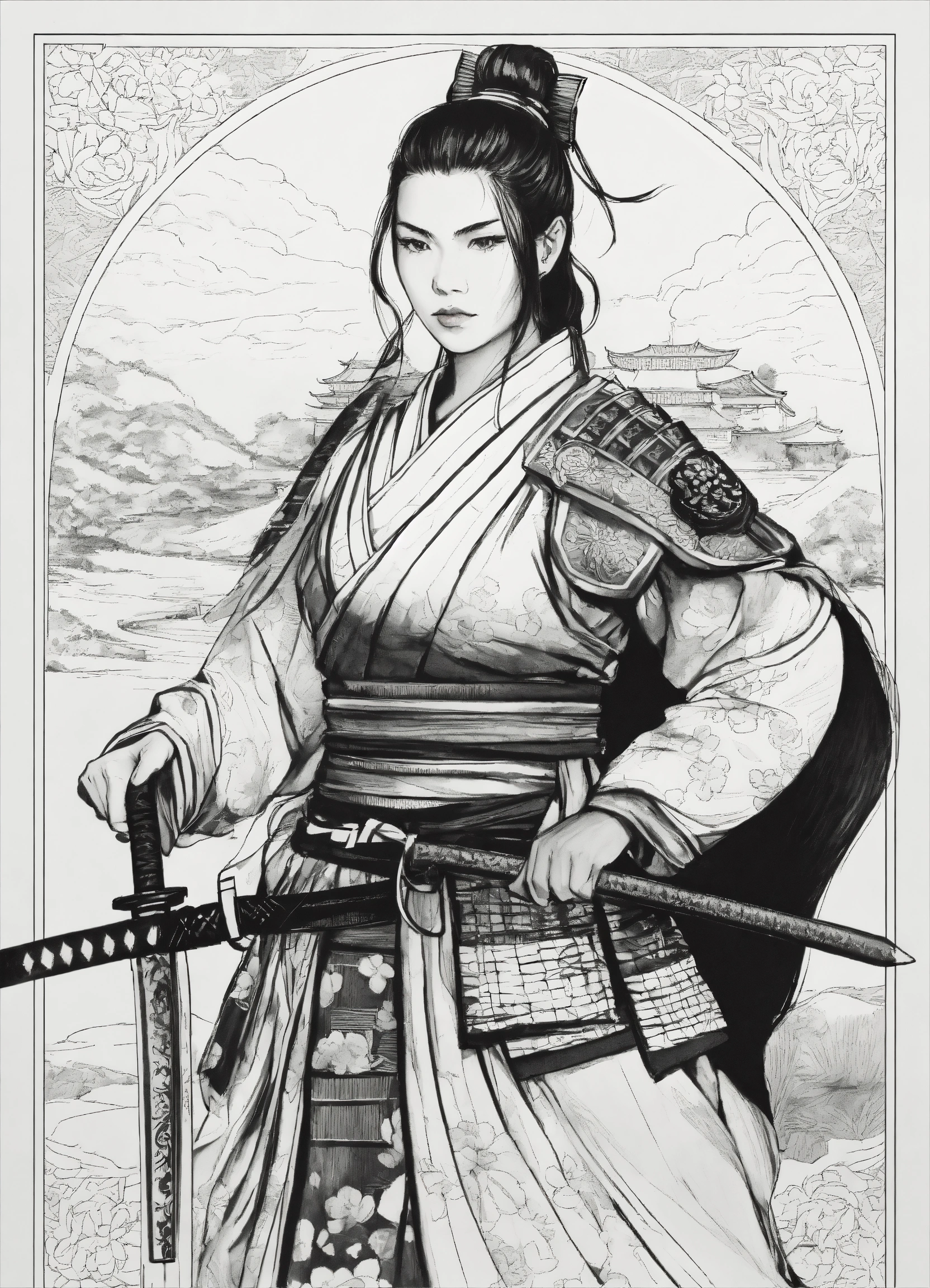 Lexica - Eurasian samurai woman with saber in black and white drawing