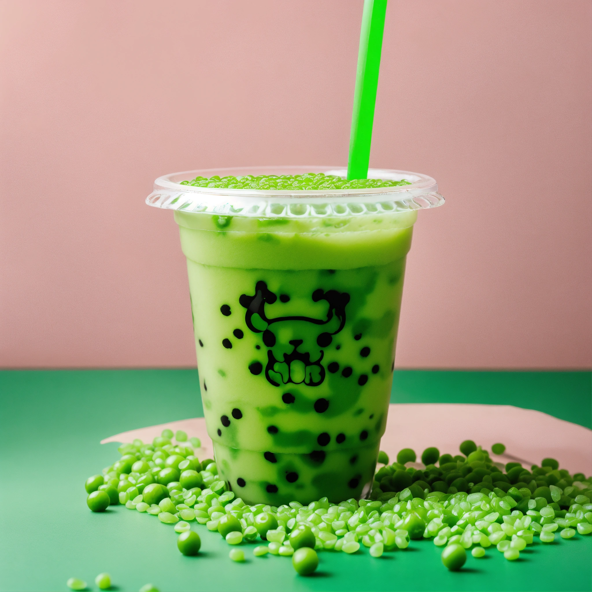 Lexica - Floating green boba tea. A lot of bobas. Stickers on cup ...