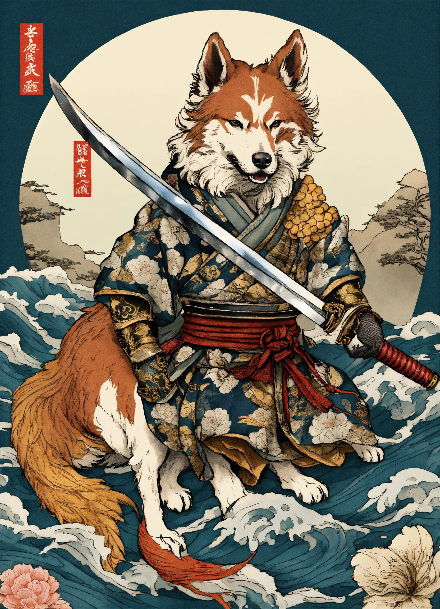 Lexica - There is a dog with a fish and a sword on a white background ...