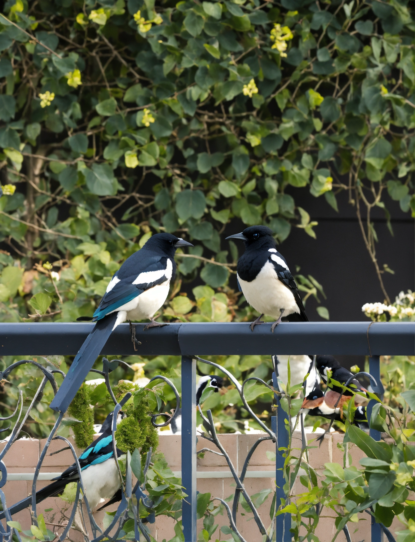 Lexica - 3 magpies sitting on a balcony rail, 2 facing in the opposite ...