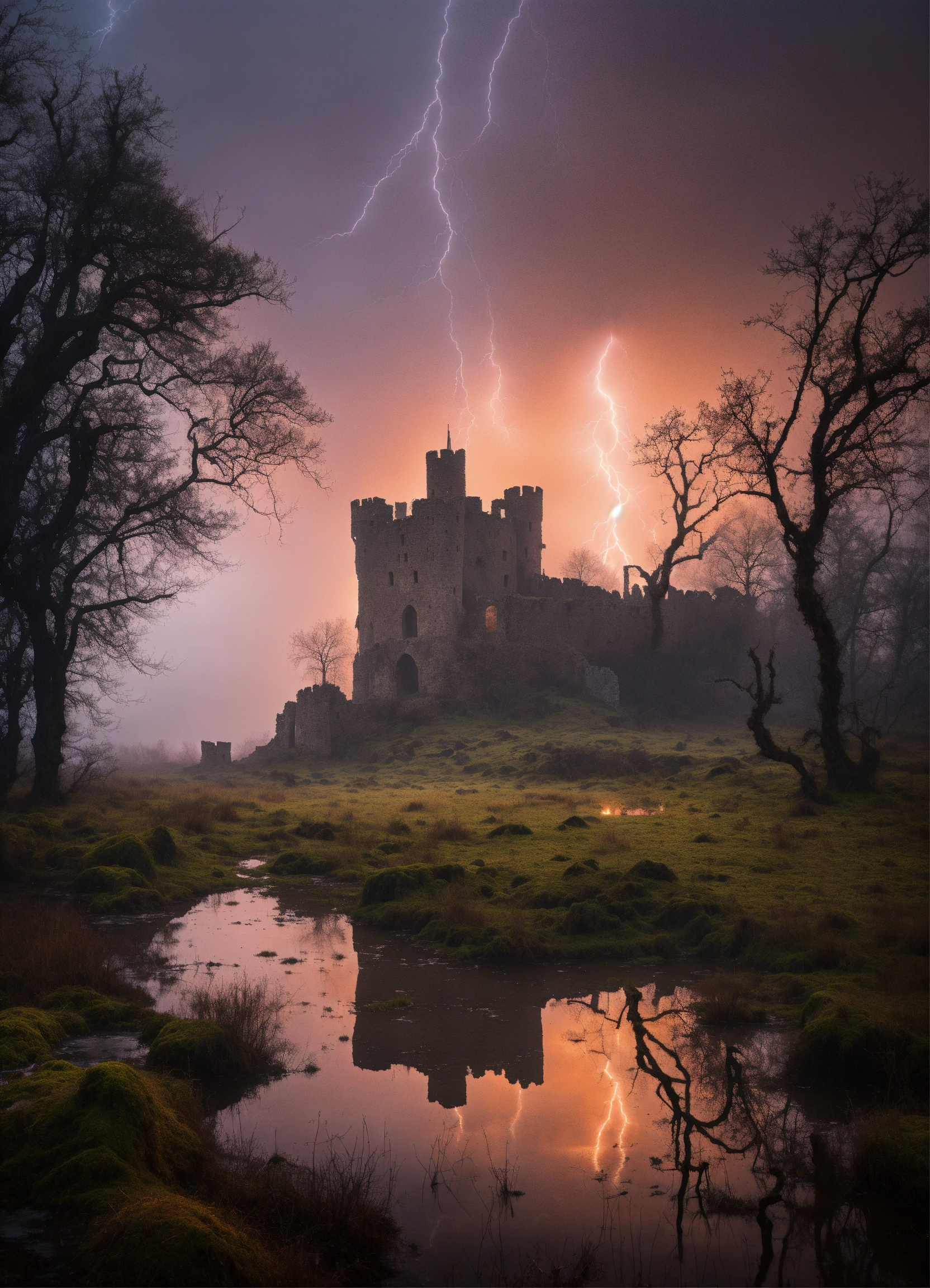 Lexica - Ruin of a stone castle in the middle of a foggy barren swamp ...