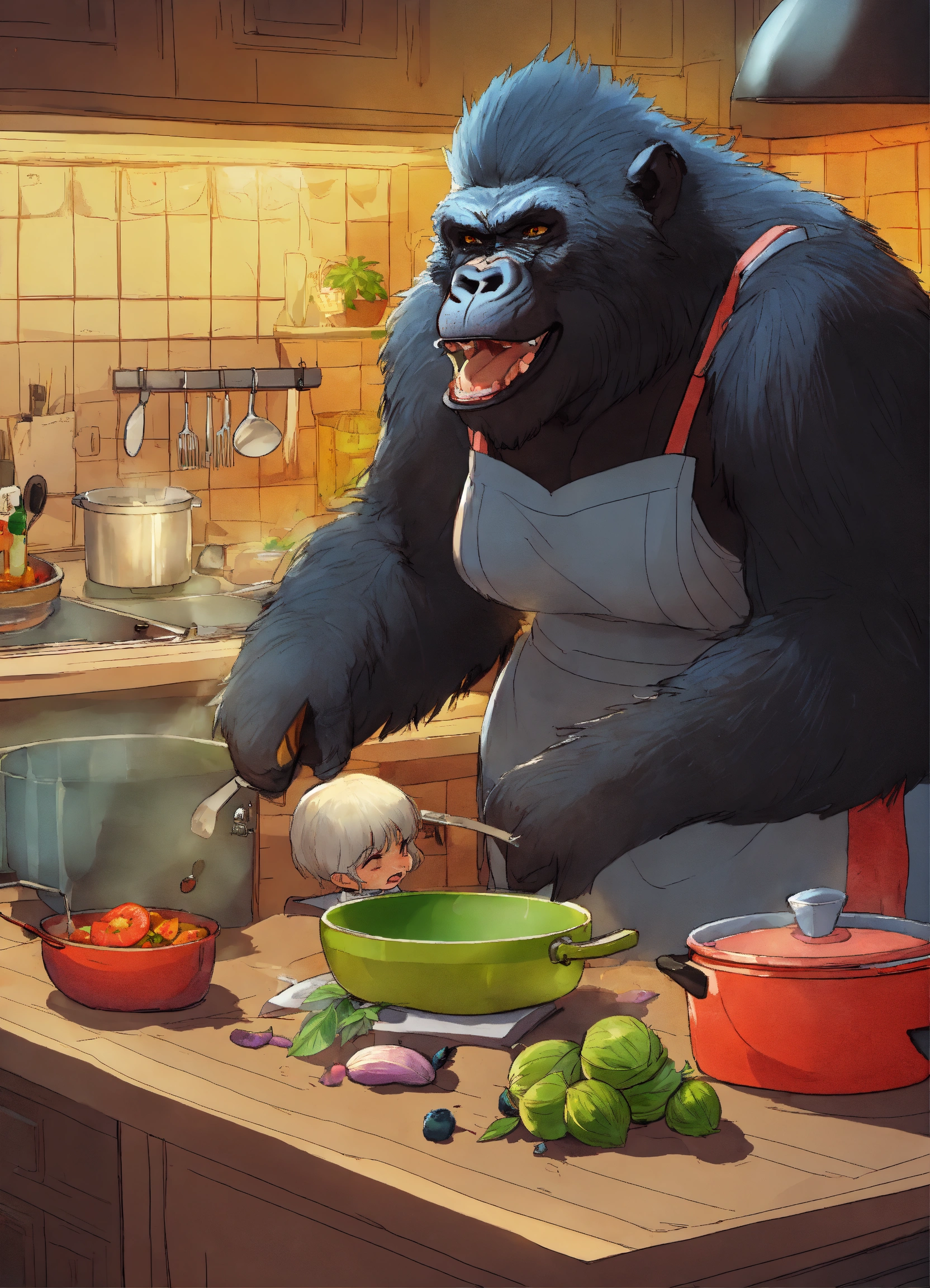 Lexica - Old lady gorilla and old lady werewolf cooking in a kitchen