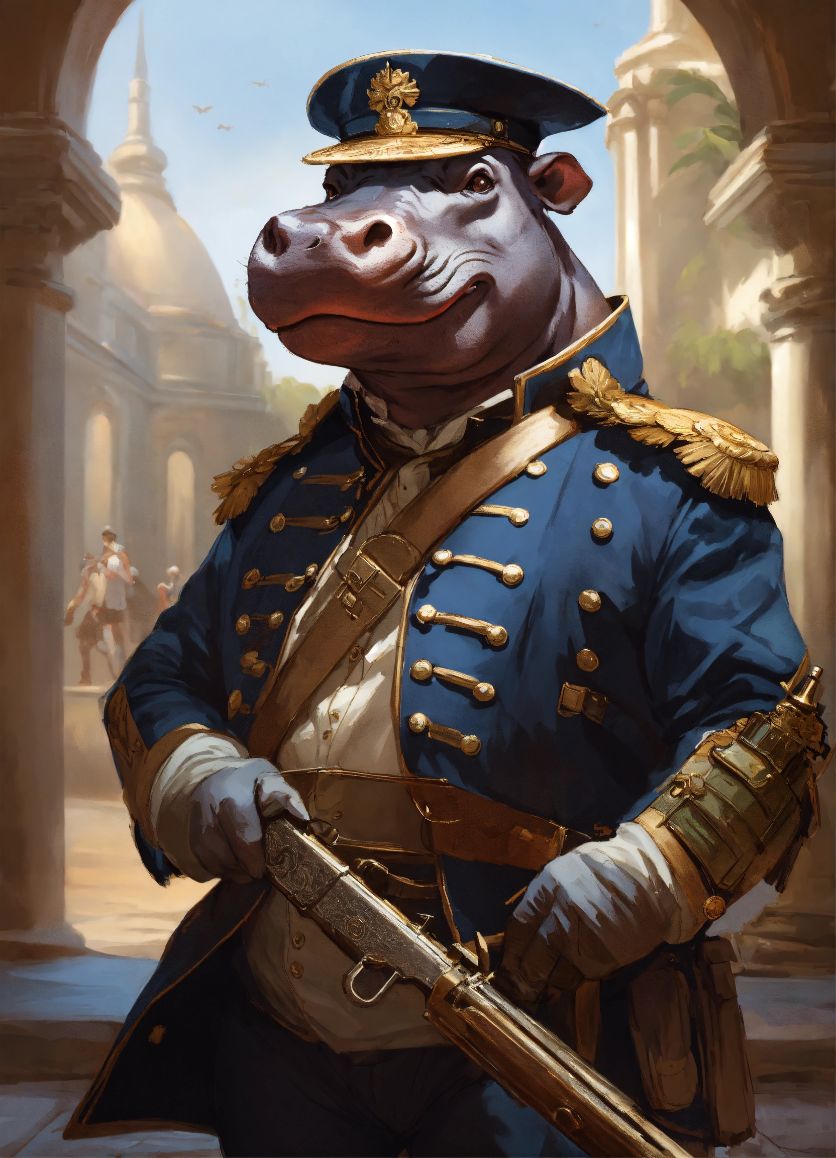 Lexica - Hippo man with a musket, in old colonial military uniform ...