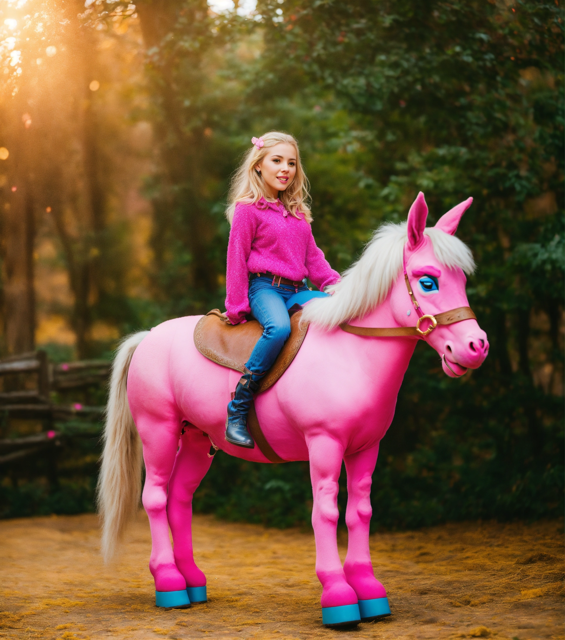 Lexica - A blonde girl rides a pink donkey in a fairytale land