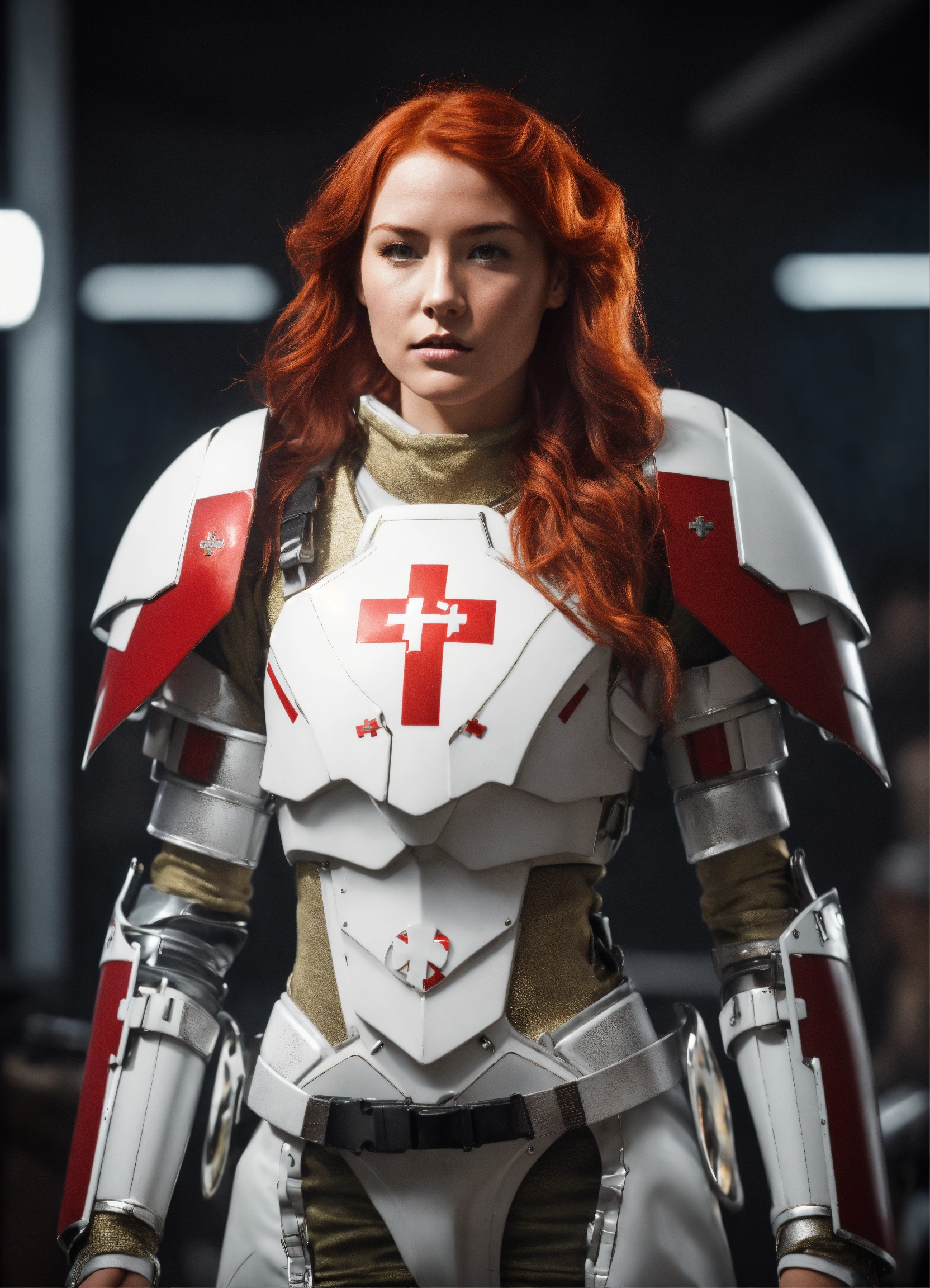 Lexica - Female red hair athletic wearing white metal armor with red ...