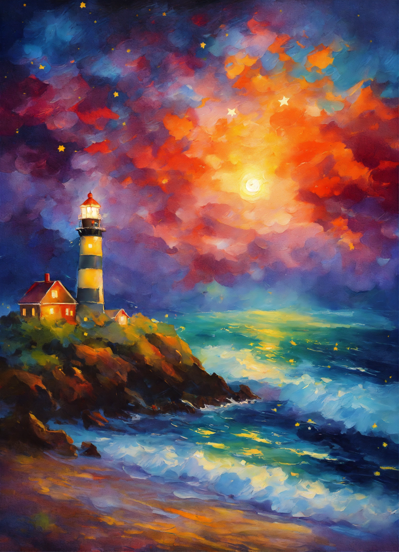 Lexica - Painting, colorful seascape lighthouse midnight, stars and ...