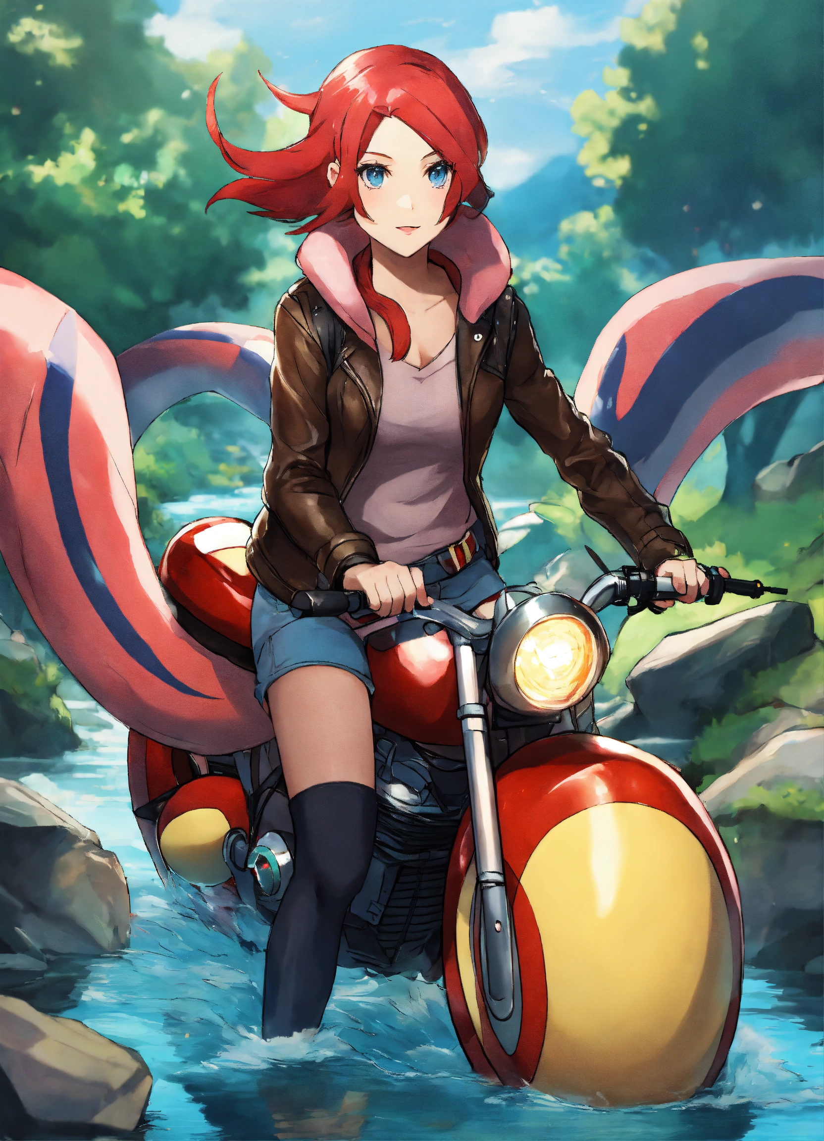 Lexica - Female redhead pokemon trainer in leather jacket riding ...