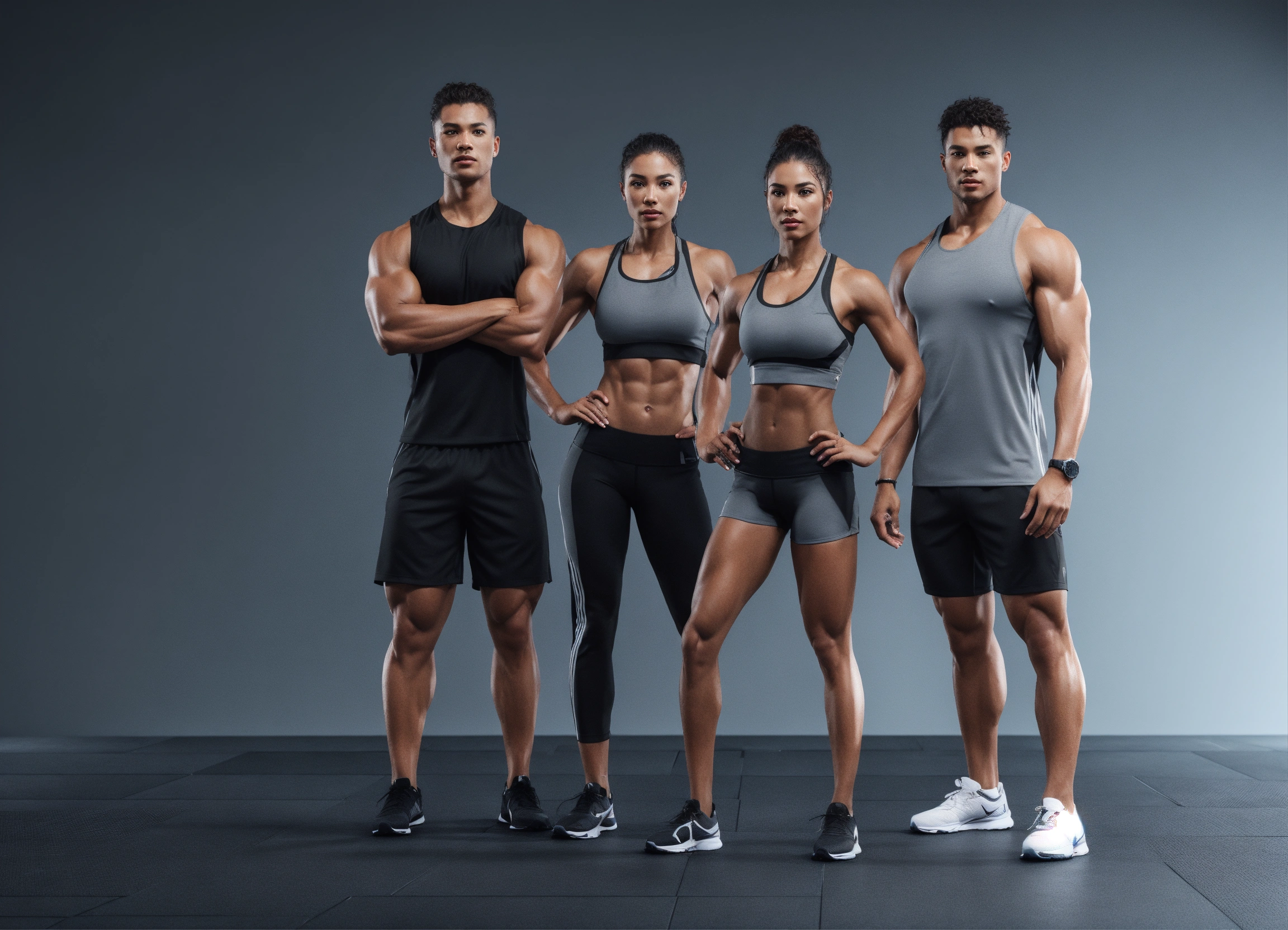 Lexica - Fitness people, black color fitness wear, front view, studio ...