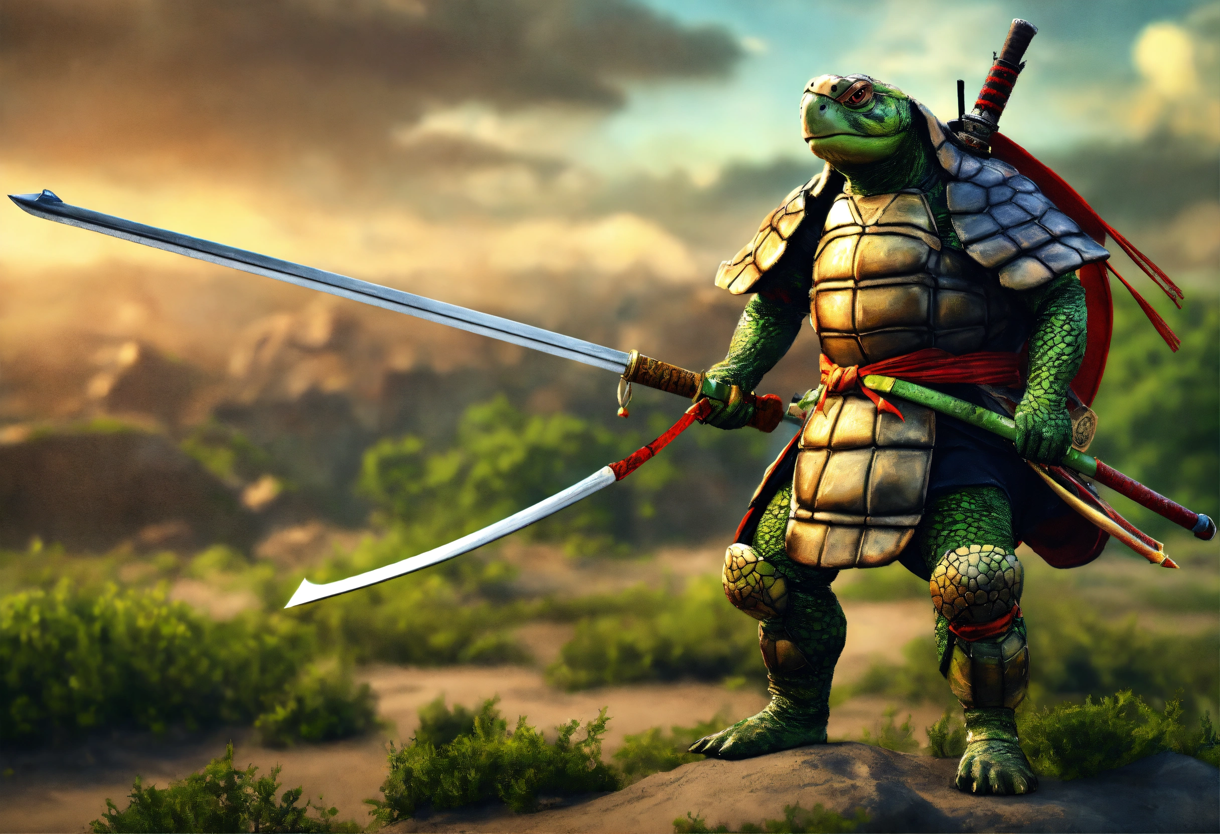 Lexica - Turtle Samurai with spear. Battlefield. Hyper realistic.