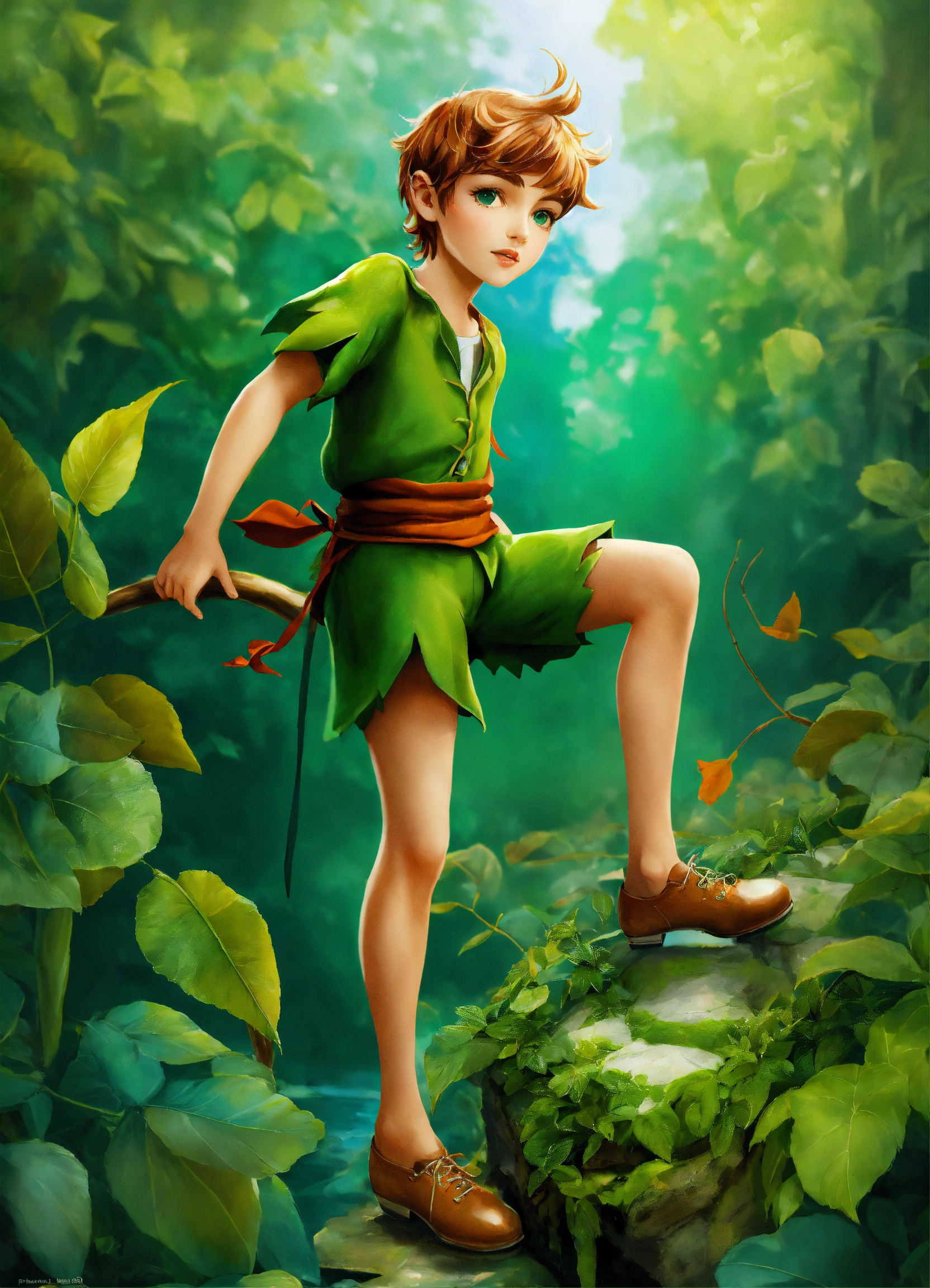Lexica - Peter pan, green clothes, legs and shoes, realistic, leaves