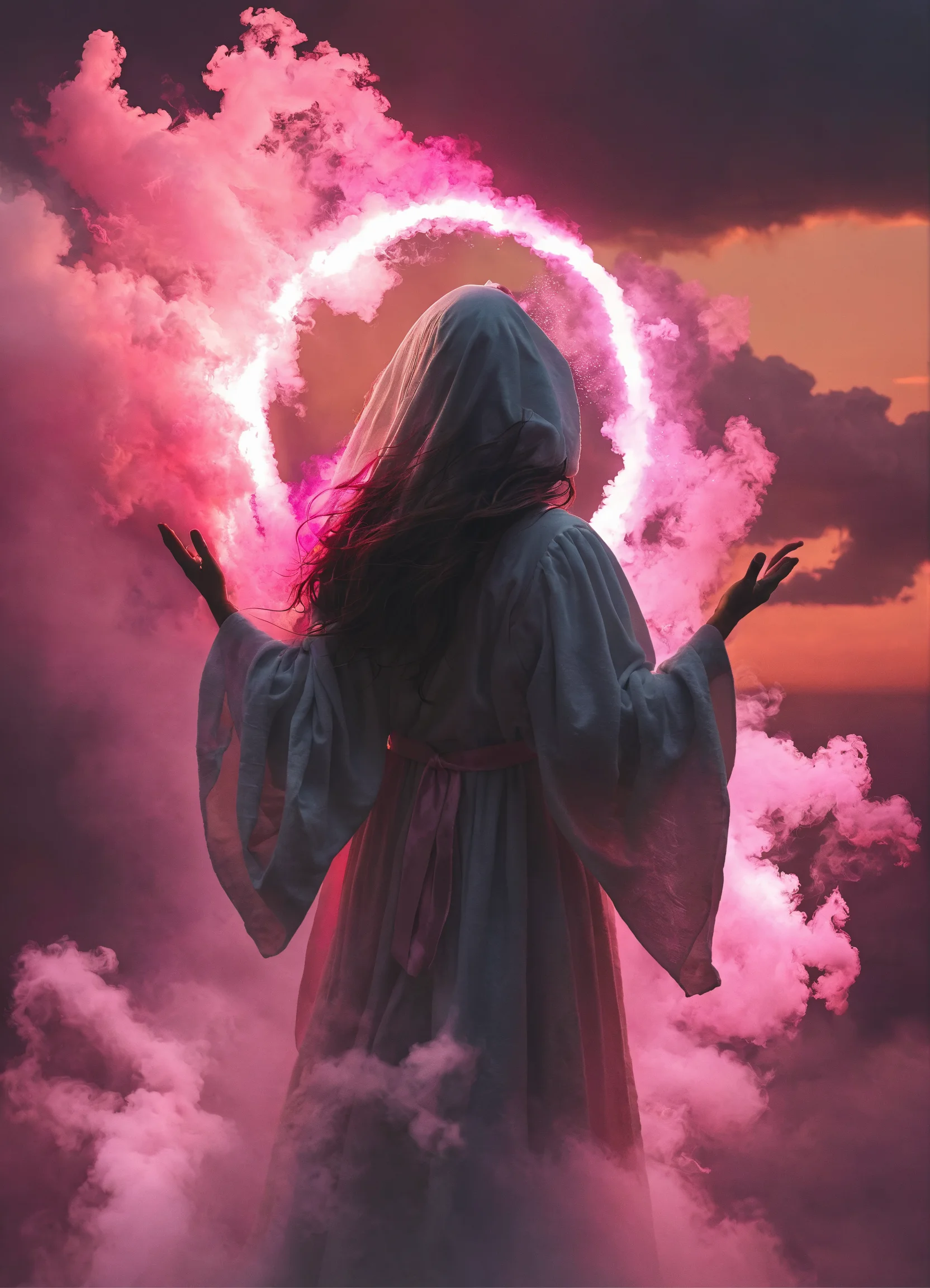 Lexica - Pink halo, white robe dissolving into pink smoke, pink glow ...