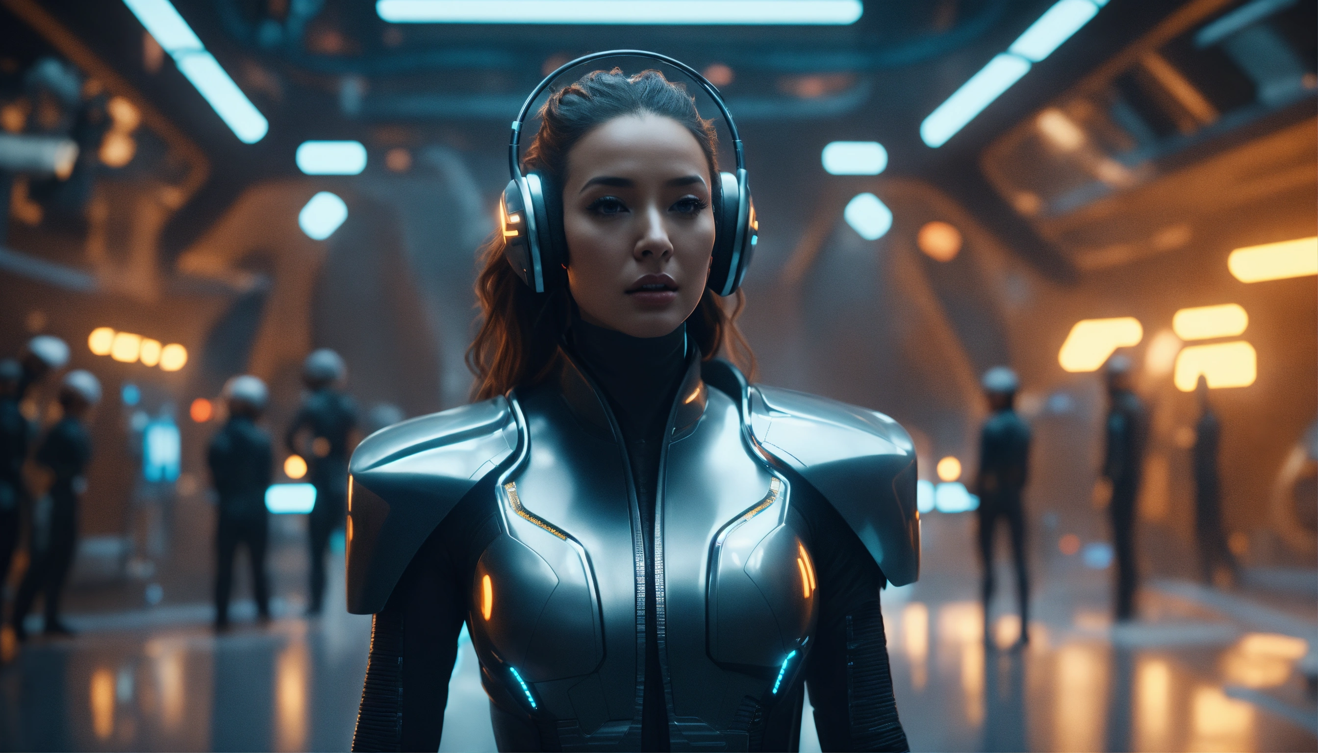 Lexica - Wide shot of a female super spy wearing a tight futuristic spy ...