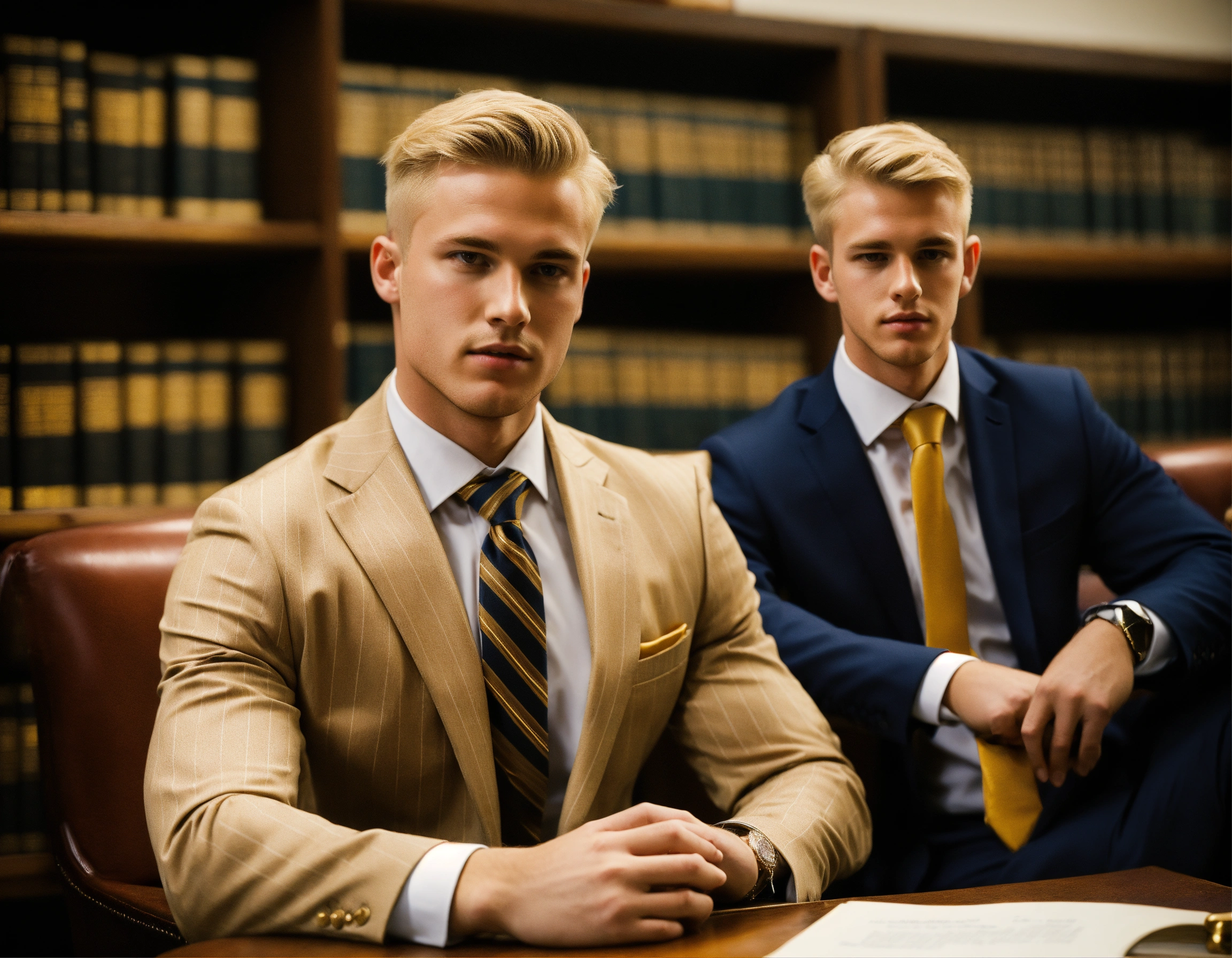 Lexica - Three young blonde male law school students in beige pinstripe ...