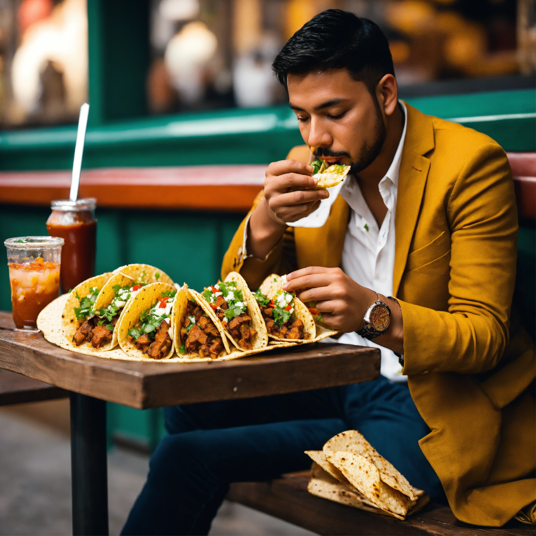 Lexica - An elegant food critic is sitting on a bench eating tacos al ...