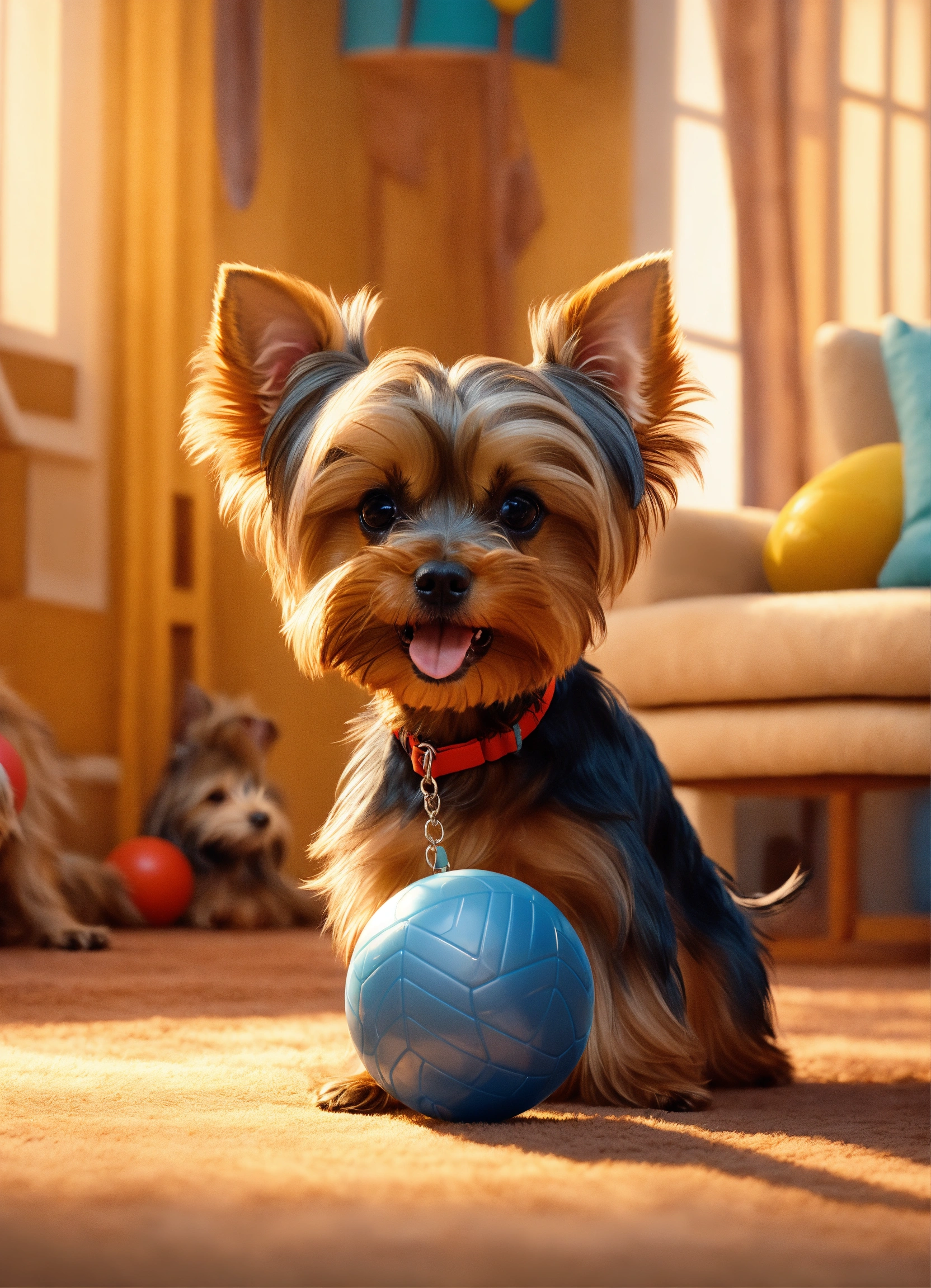Lexica - Yorkshire terrier dog in a house, playing with a ball in PIXAR ...