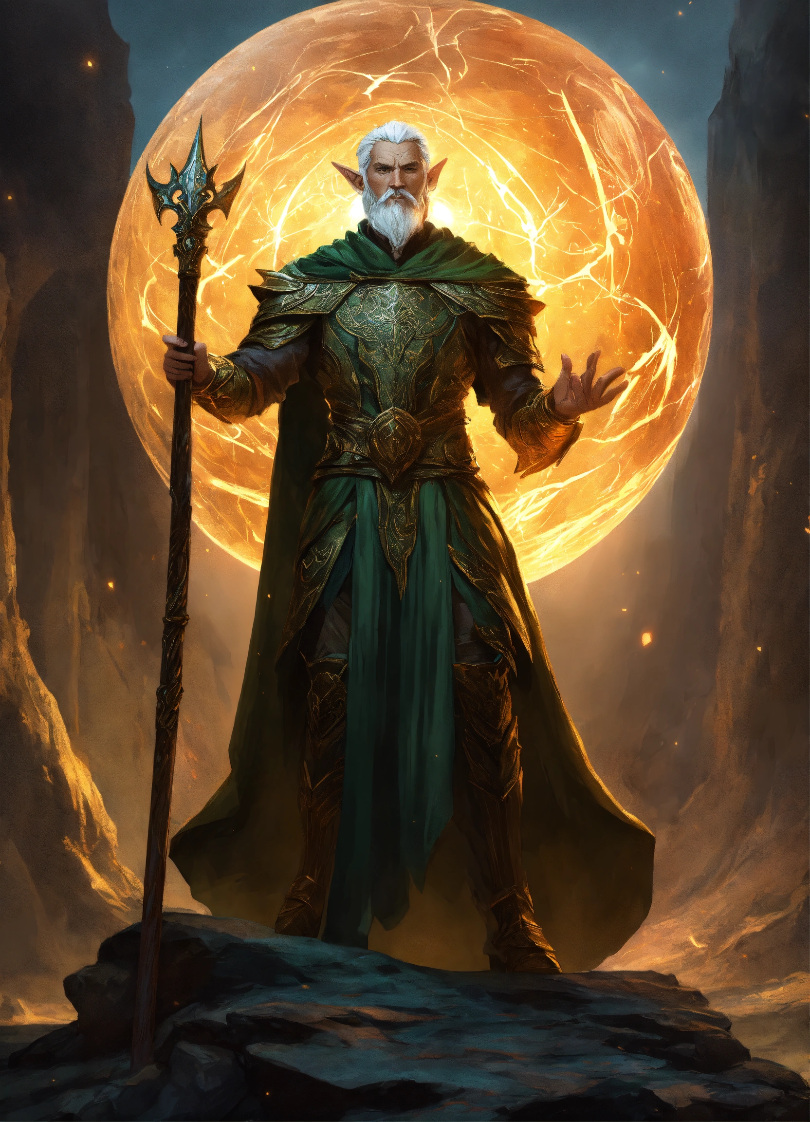 Lexica - Create a elder elf god in a heroic pose, holding a staff, back ...