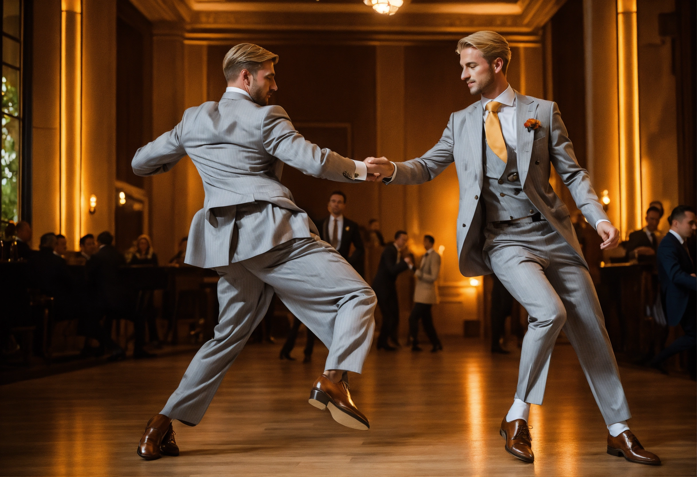 Lexica - Two young blonde male lawyers in light grey satin pinstripe ...
